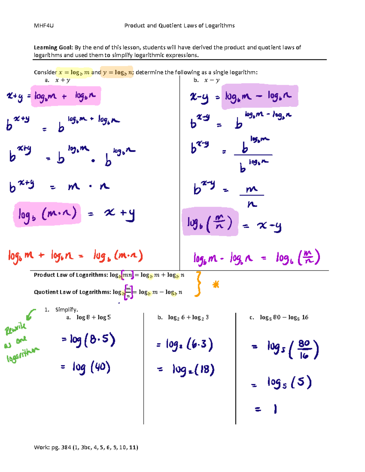 3 Product and Quotient Laws of Logarithms - 384 (1, 3bc, 4, 5, 6, 9, 10 ...