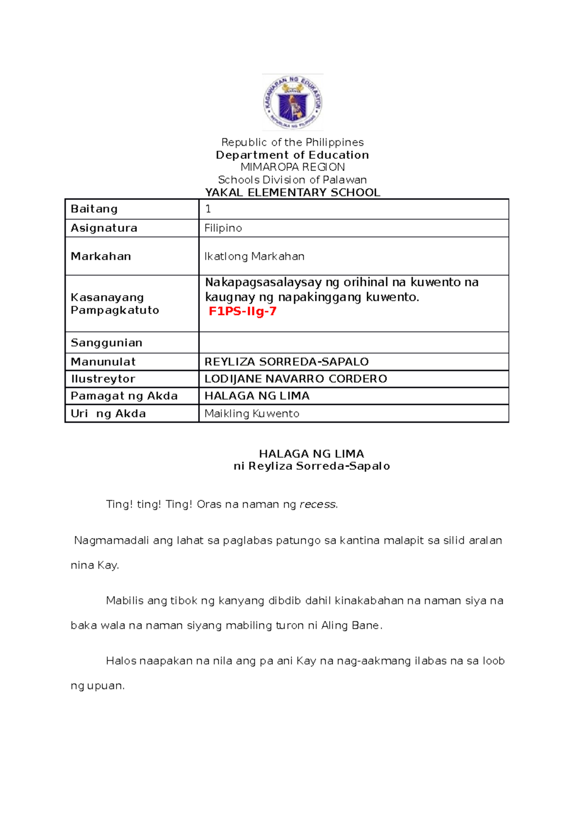 Halaga NG LIMA Reyliza Sorreda- Sapalo G6 - Republic of the Philippines ...