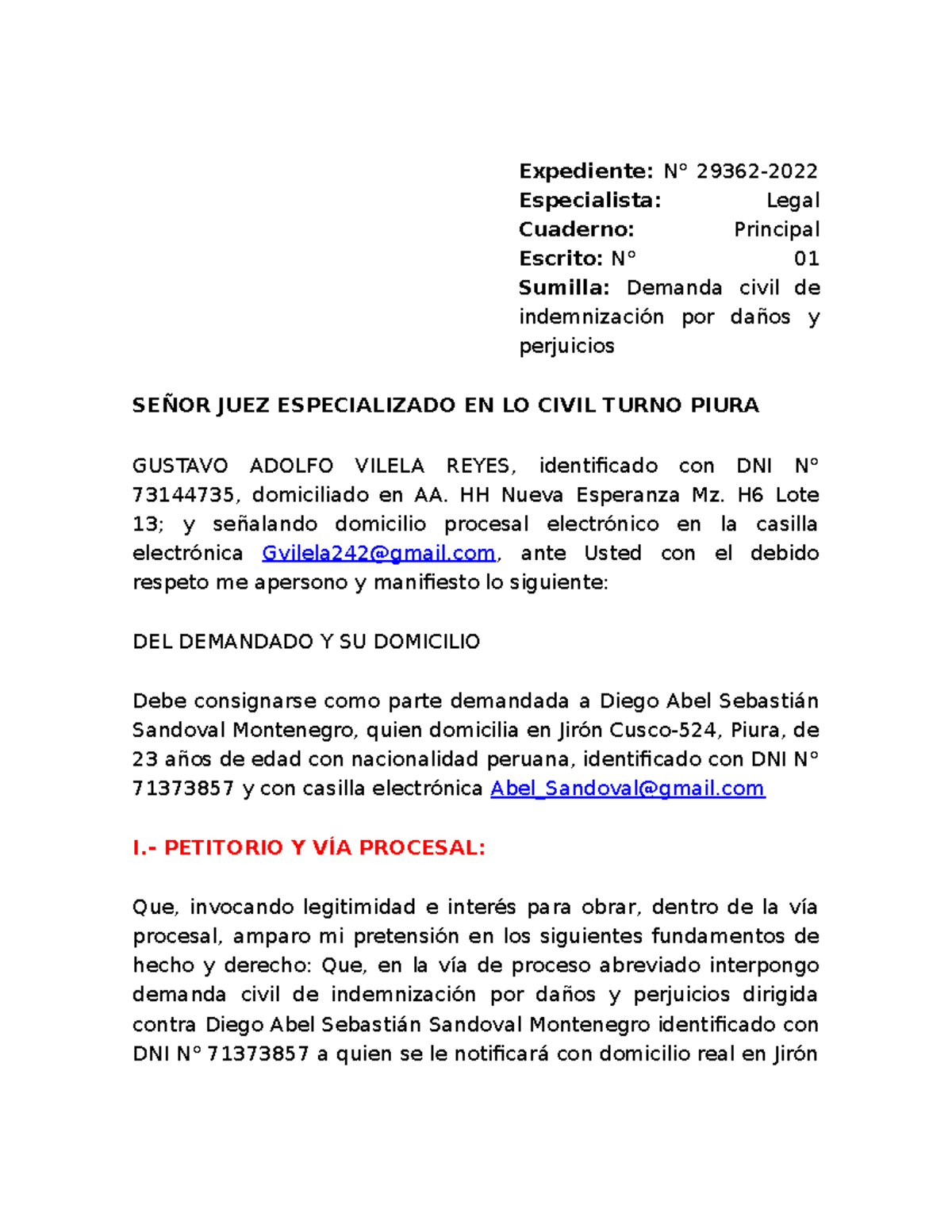 Modelo de Demanda - ... - Expediente: N° 29362- Especialista: Legal ...