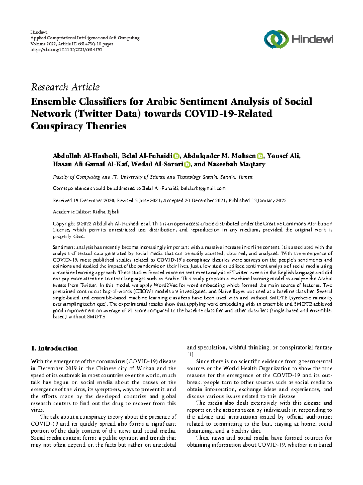 6614730 - Project essay - Research Article Ensemble Classifiers for Arabic Sentiment Analysis of ...