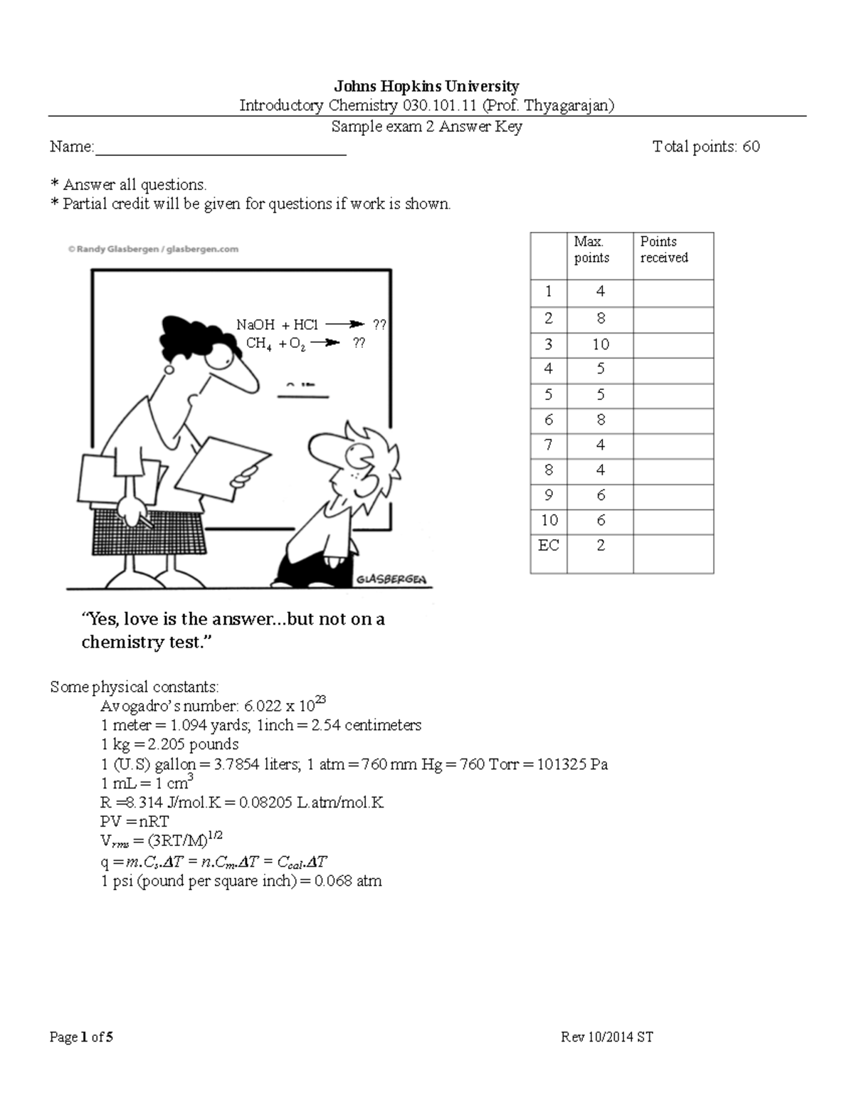 Sample exam 2 ST Answer key - Introductory Chemistry 030.101 (Prof ...