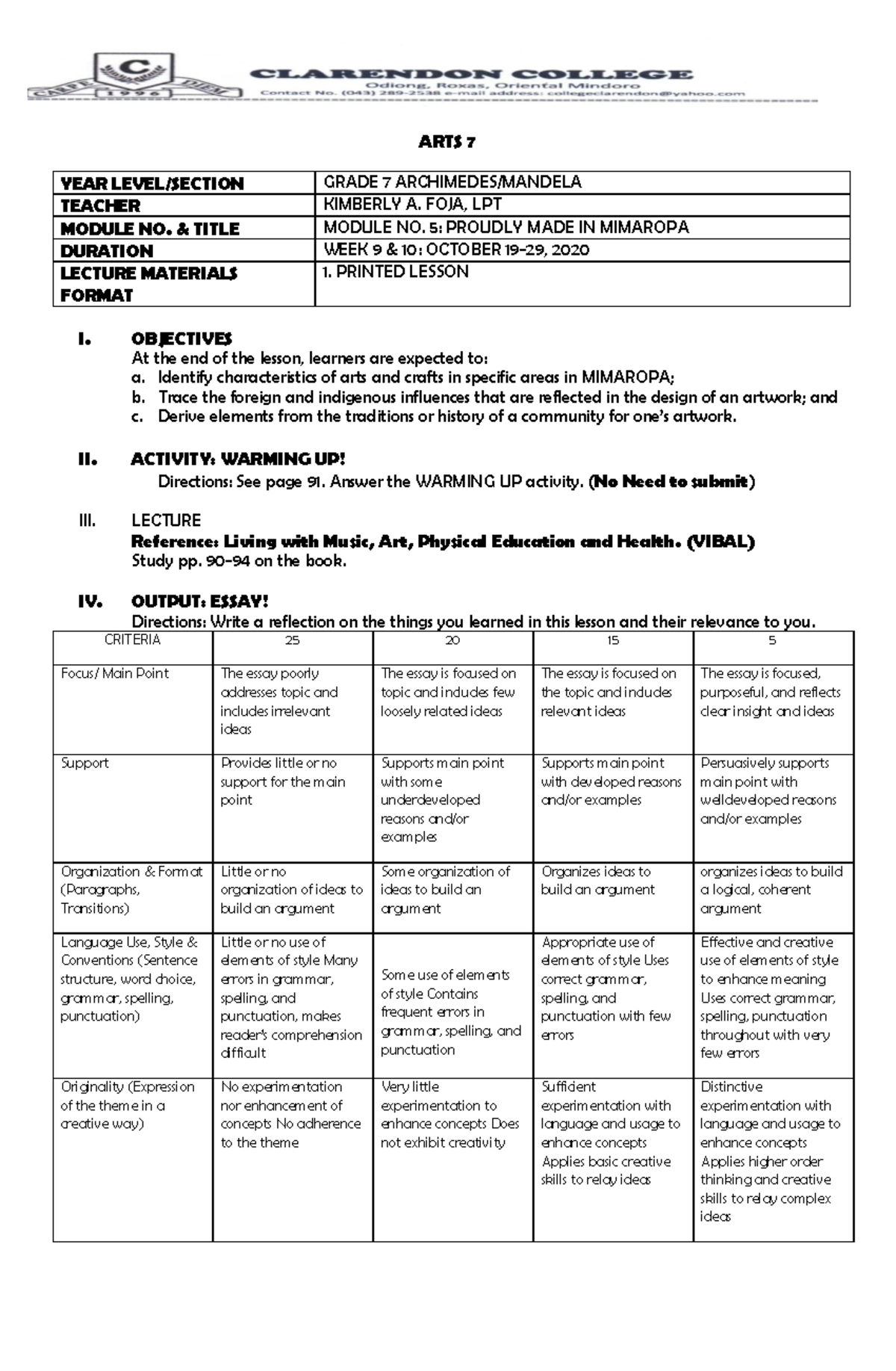 ARTS 7 Lecture notes - ARTS 7 YEAR LEVEL/SECTION GRADE 7 ARCHIMEDES ...