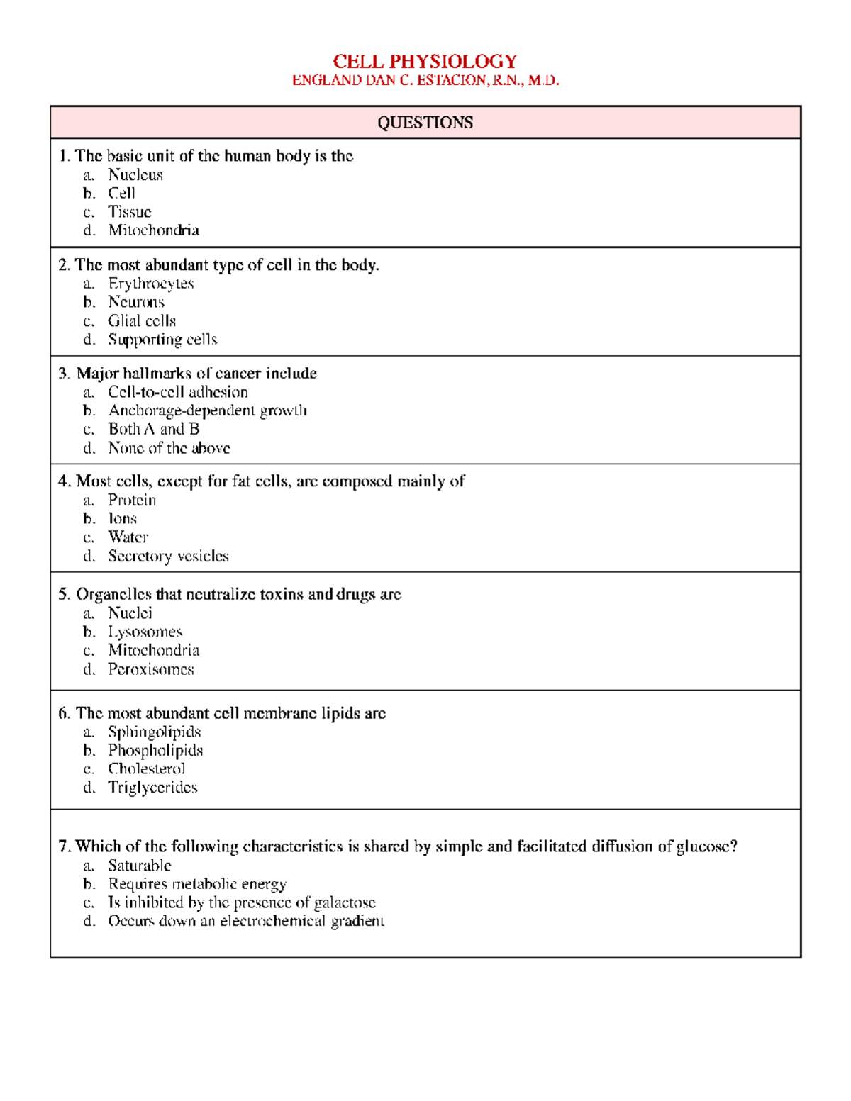 Cell Physiology Quiz - CELL PHYSIOLOGY ENGLAND DAN C. ESTACION, R., M ...