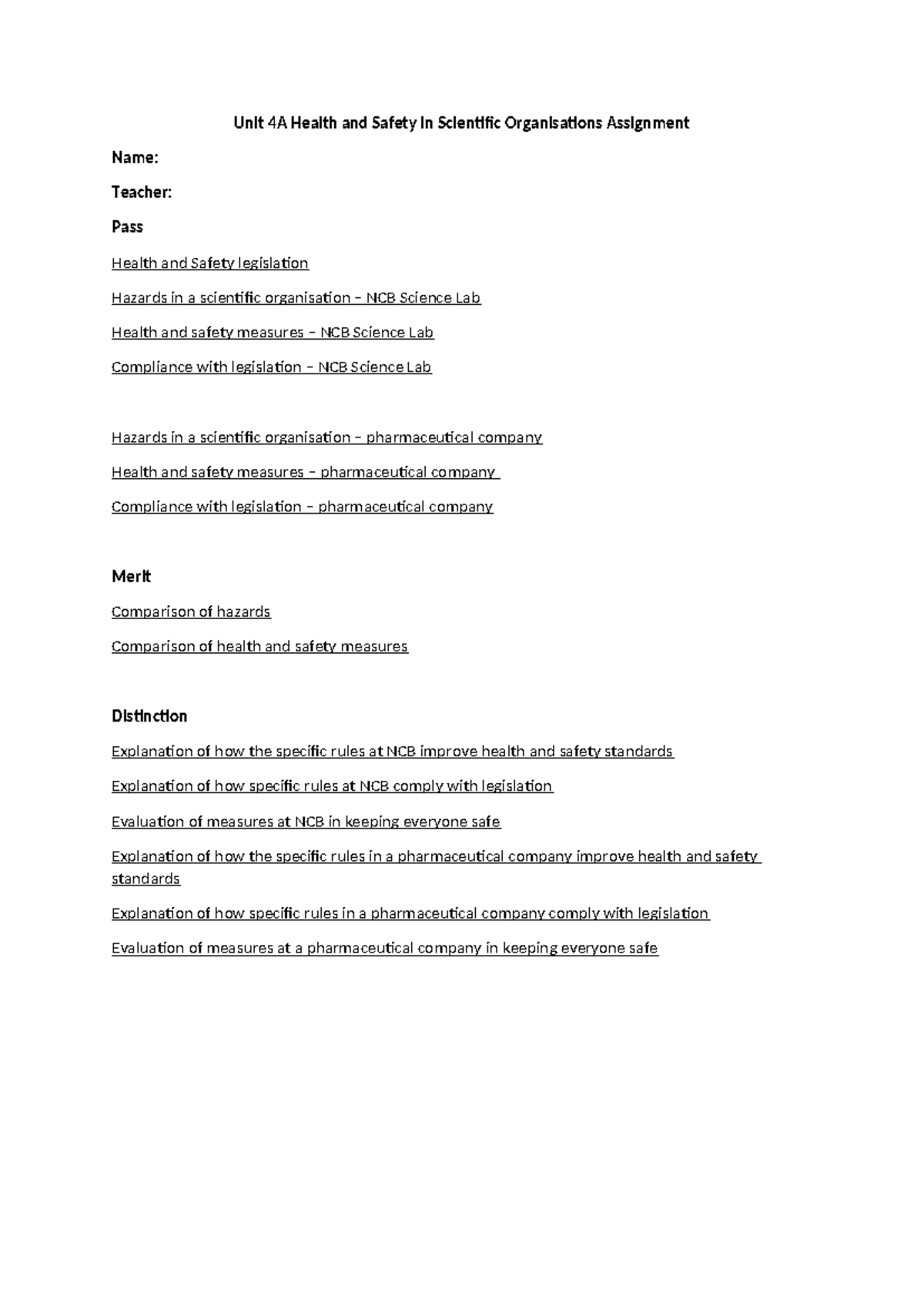 Unit Assignment structure - Unit 4A Health and Safety in Scientific Organisations Assignment ...
