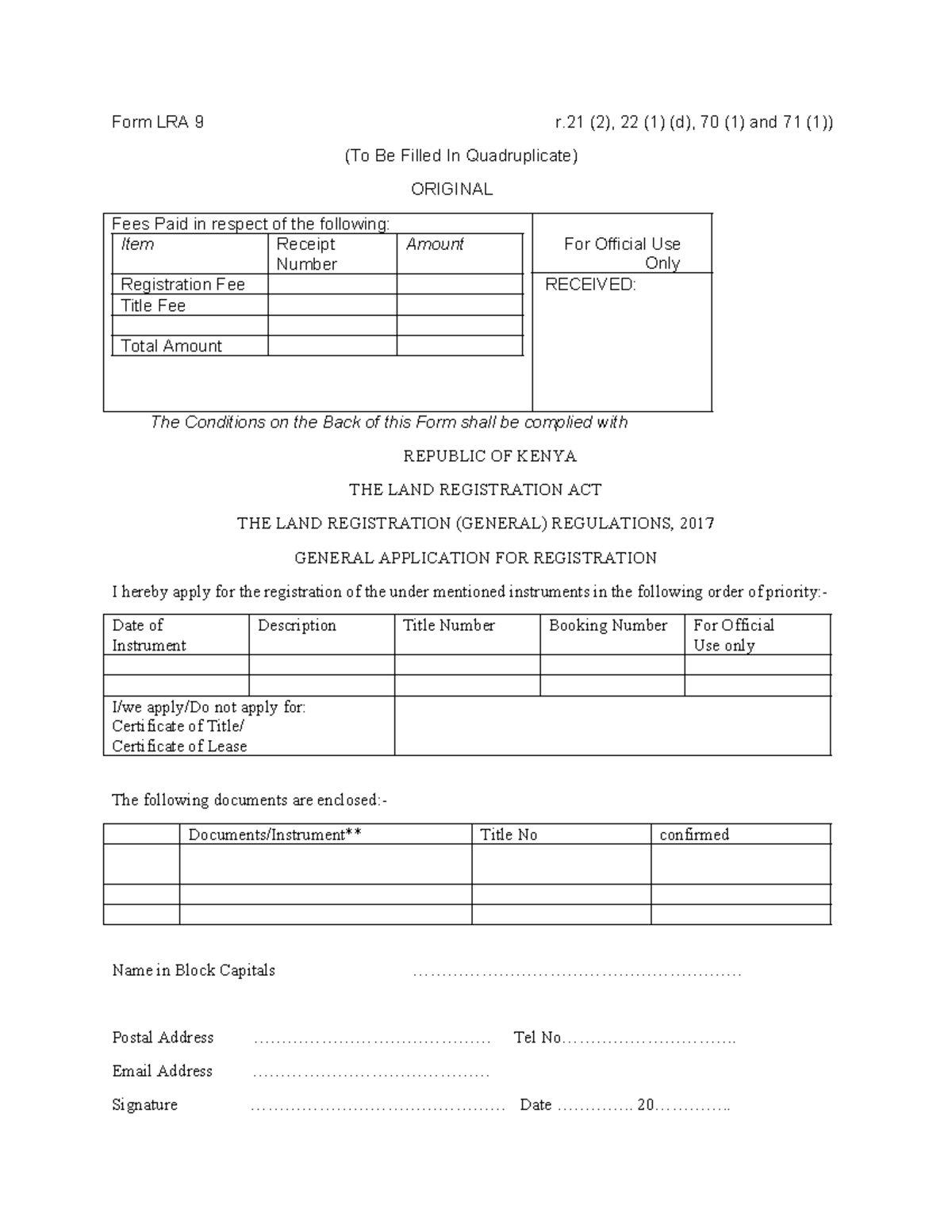 LRA 9 - Application for registration form - Form LRA 9 r (2), 22 (1) (d ...