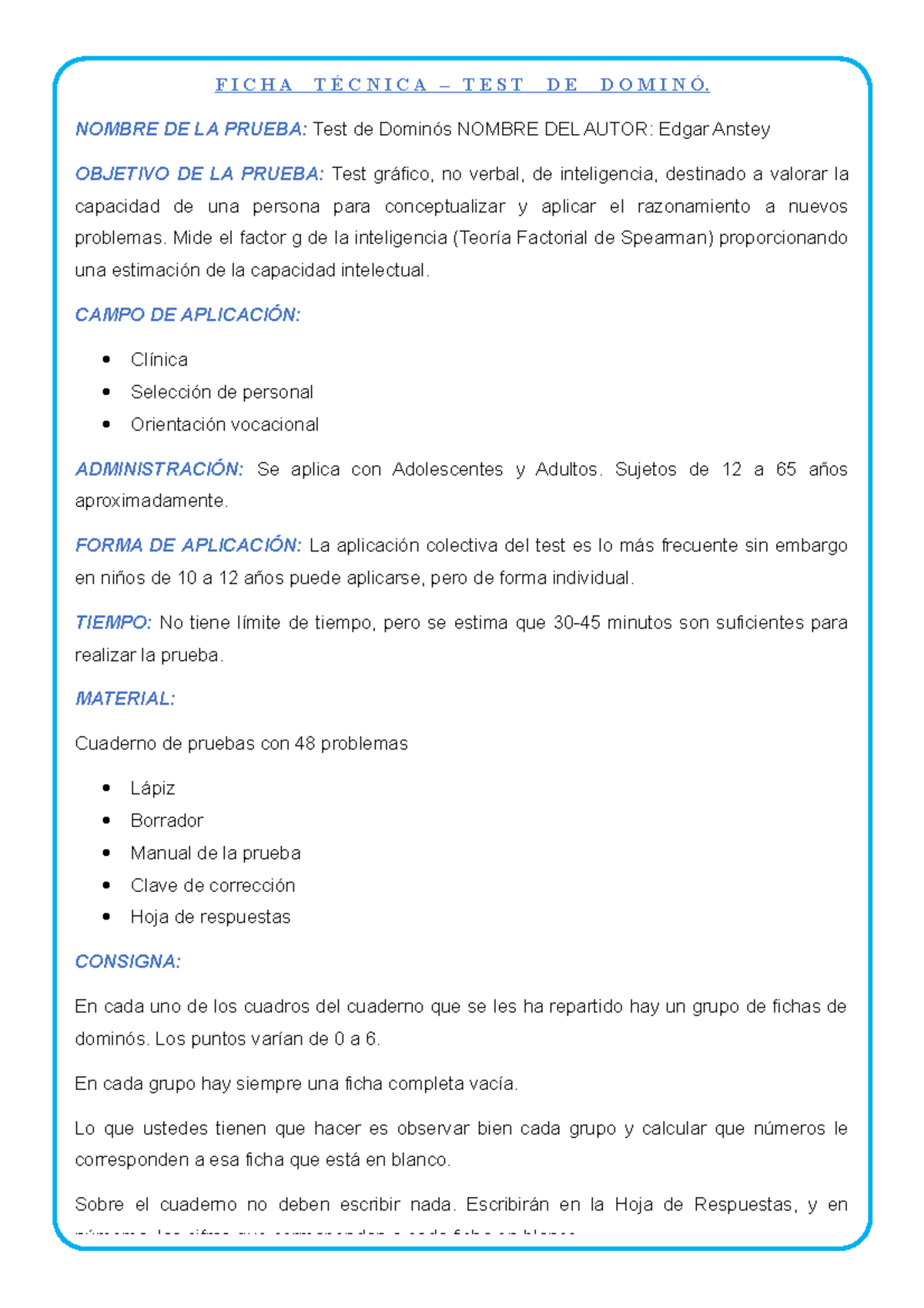 Ficha Técnica TEST DE Dominó - F I C H A T É C N I C A – T E S T D E D ...