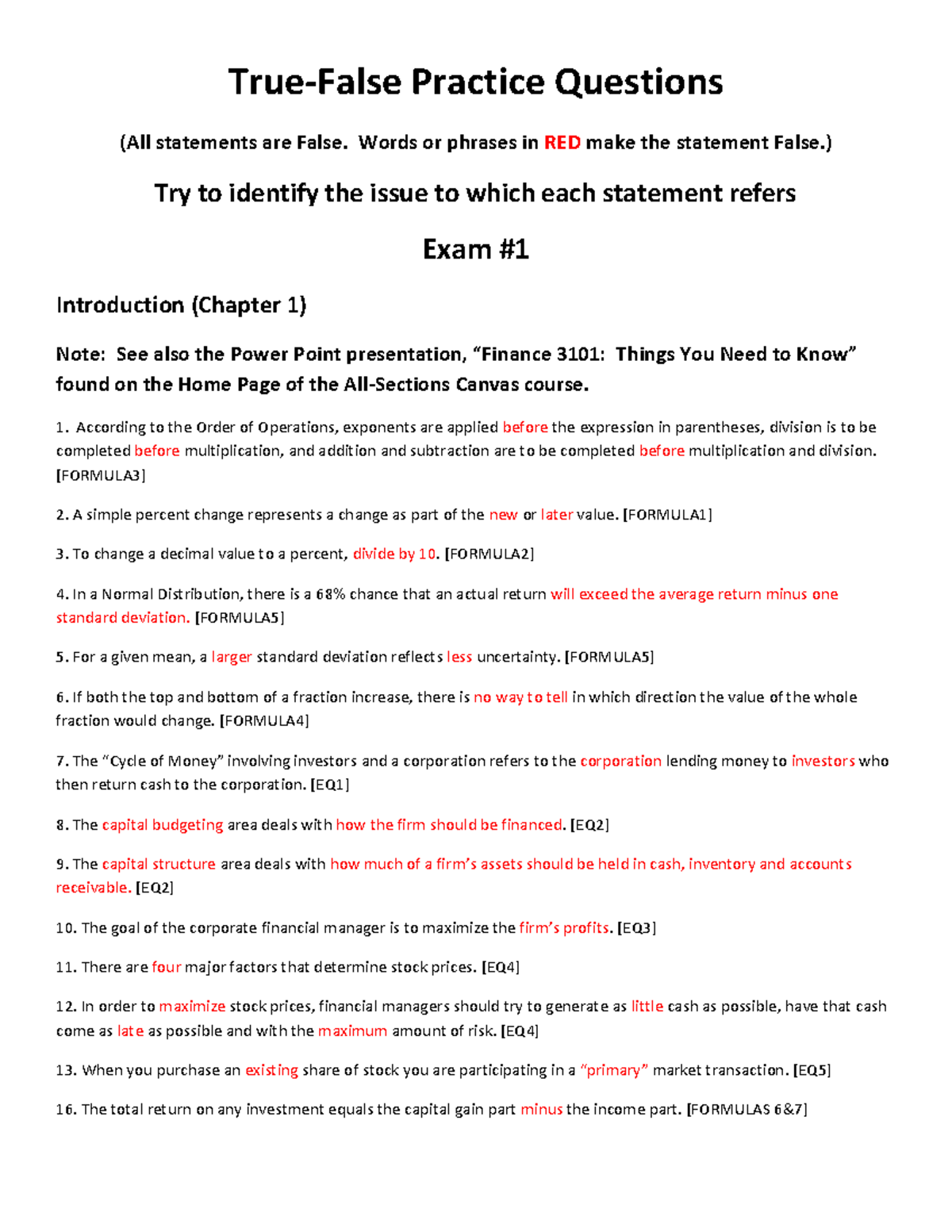 True False Practice - True-False Practice Questions (All statements are ...