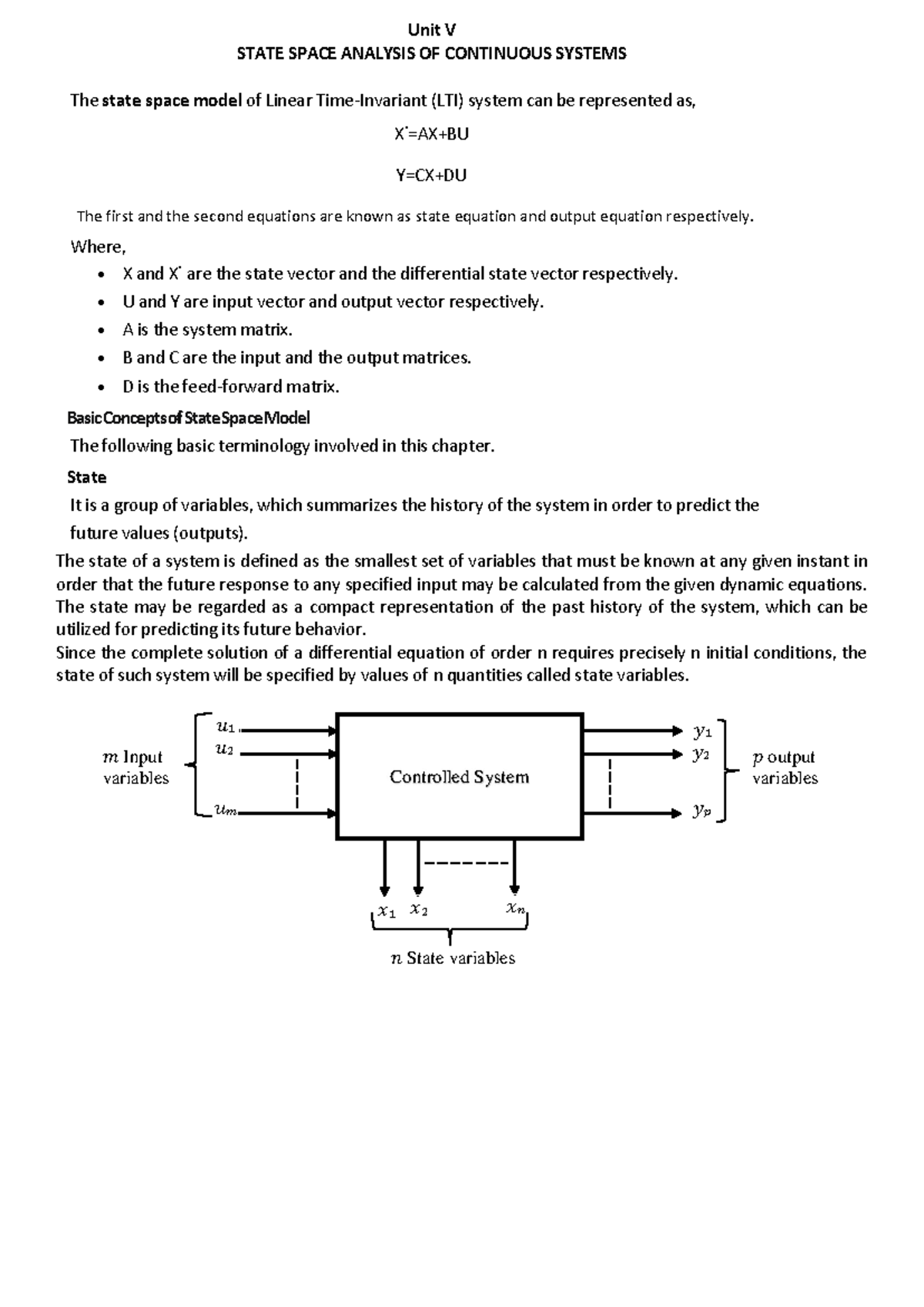 UNIT V - STATE SPACE ANALYSIS OF CONTINUOUS SYSTEMS - 𝑥𝑥 1 𝑥𝑥 2 𝑥𝑥 𝑛𝑛 Unit V STATE SPACE ...