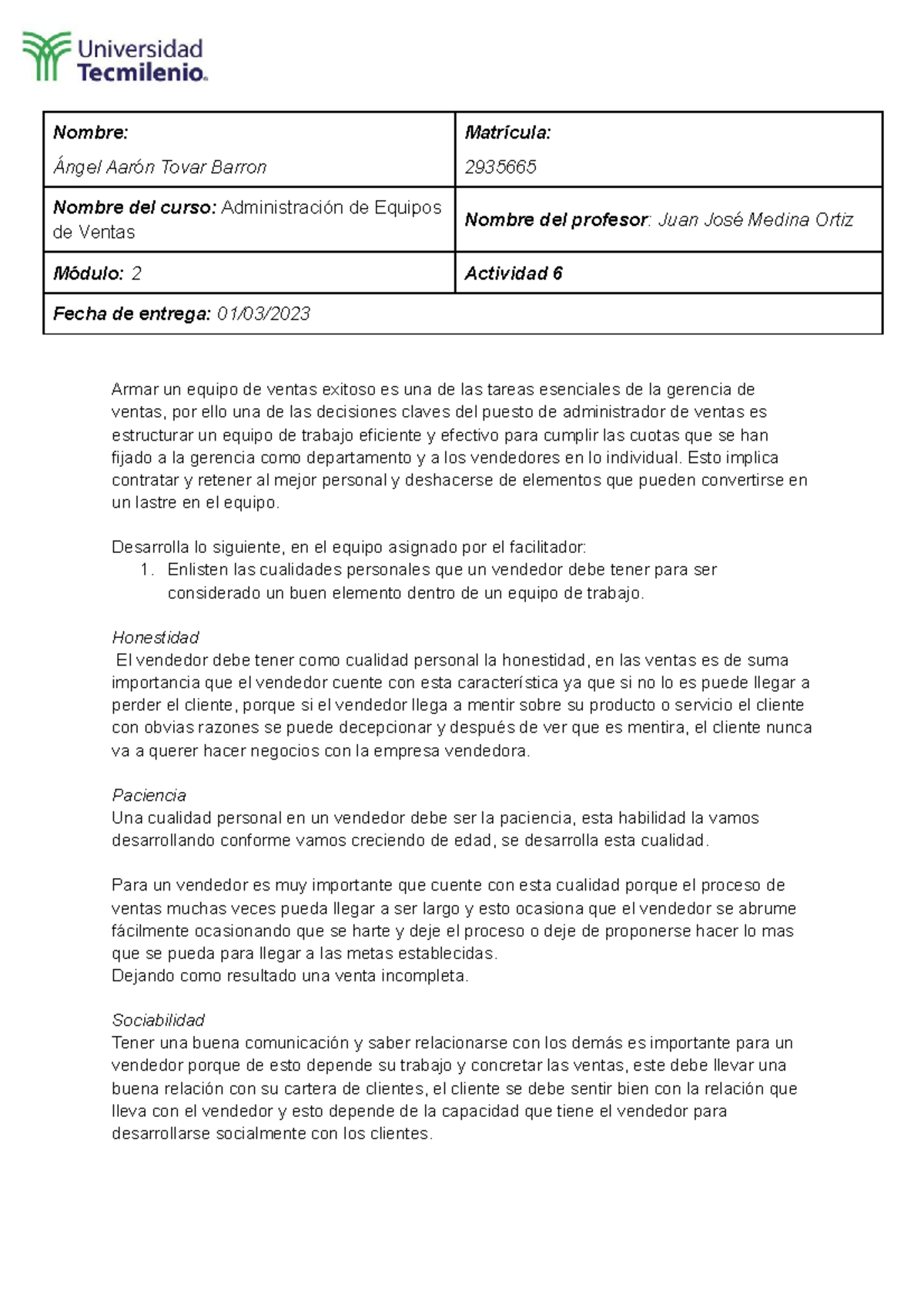 Actividad 6 - Nombre: Ángel Aarón Tovar Barron Matrícula: 2935665 ...