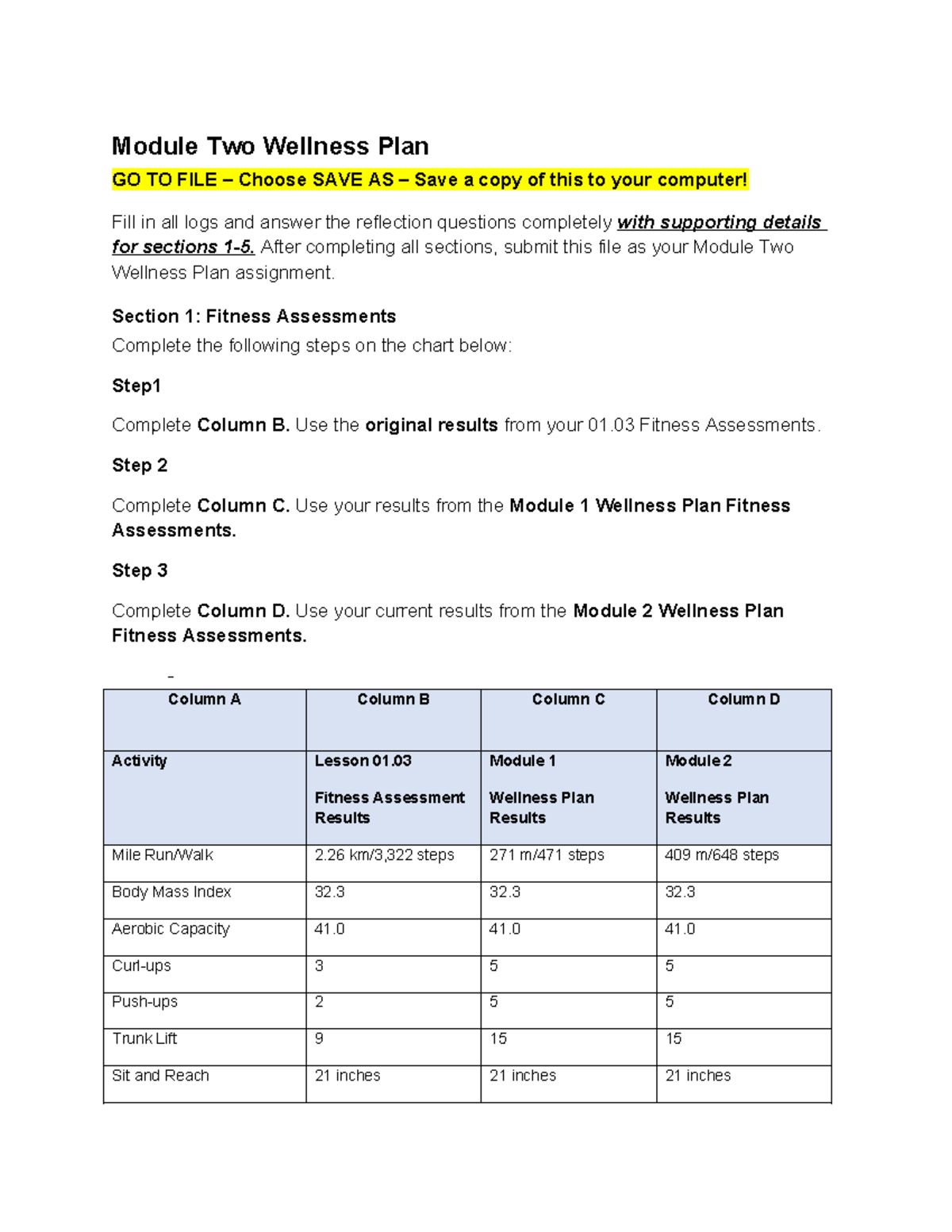 Module two wellness plan - Module Two Wellness Plan GO TO FILE – Choose ...