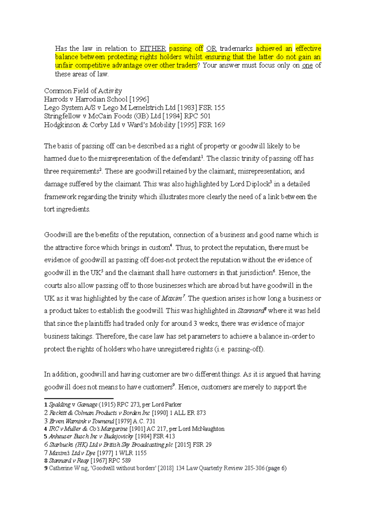 Passing Off - Notes - Has the law in relation to EITHER passing off OR ...