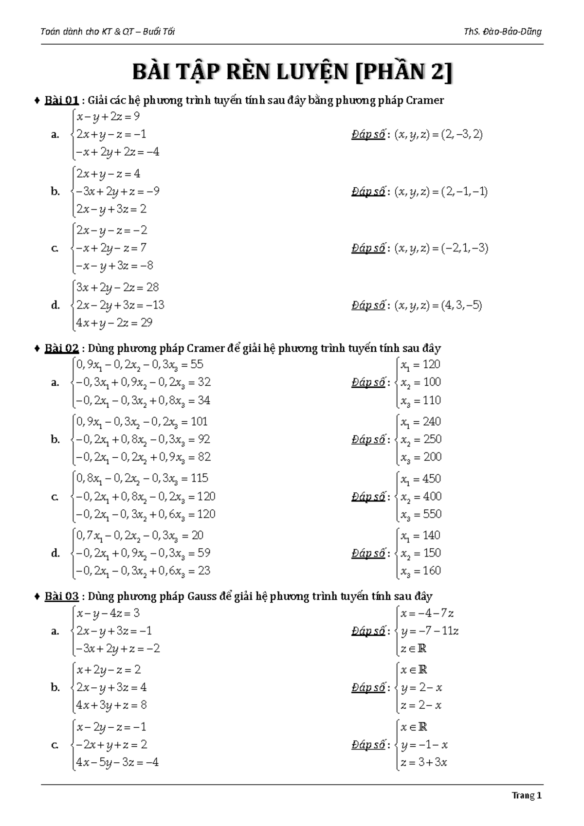 Bai Tap Ren Luyen - Phan 2 - Toán dành cho KT & QT – Buổi Tối ThS. Đào-Bảo-Dũng - Studocu