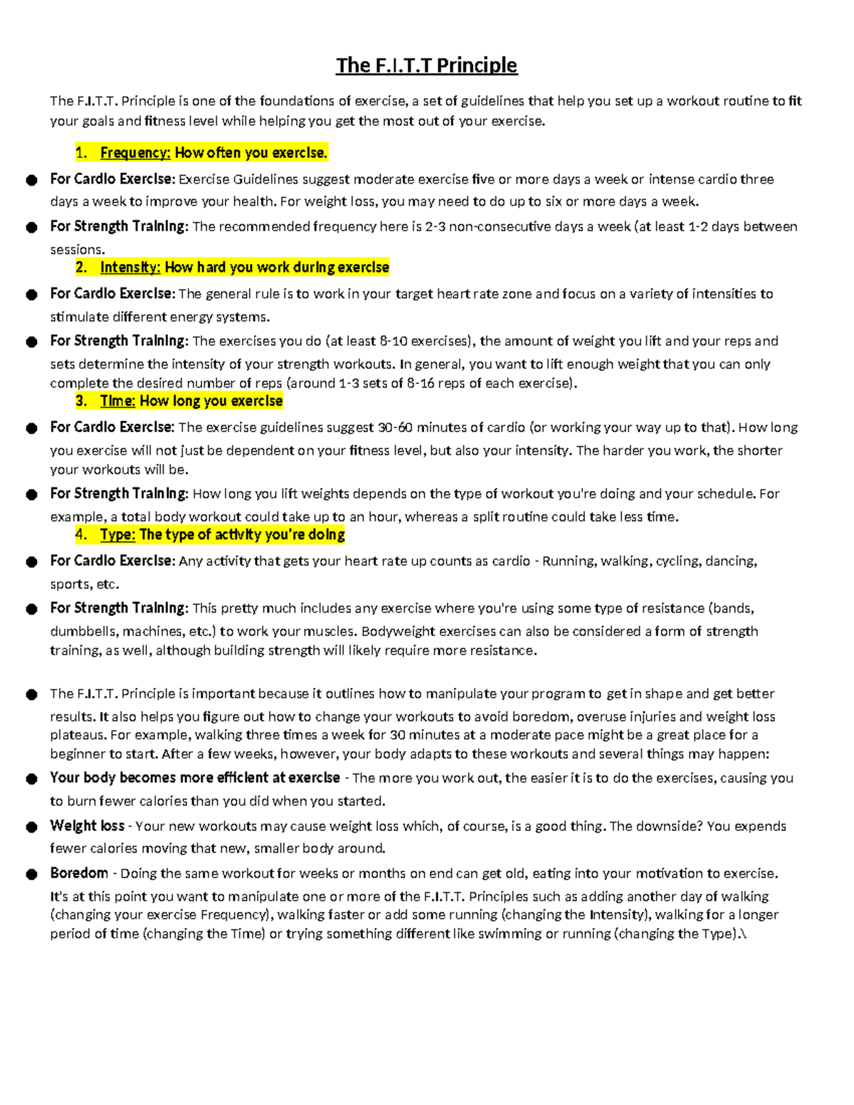 Copy of FITT principle worksheet - The F.I.T Principle The F.I.T ...