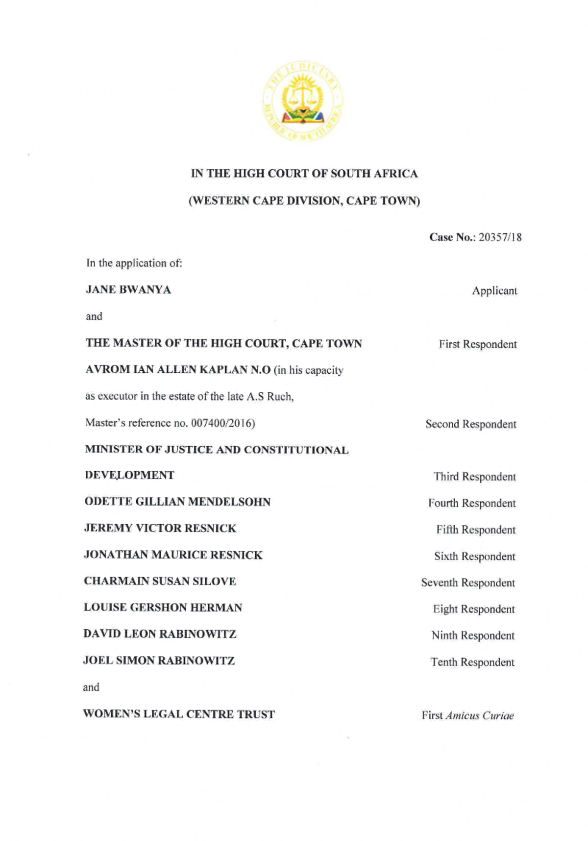 Bwanya v the Master and Others - In the app li cation of: JANEBWANYA ...