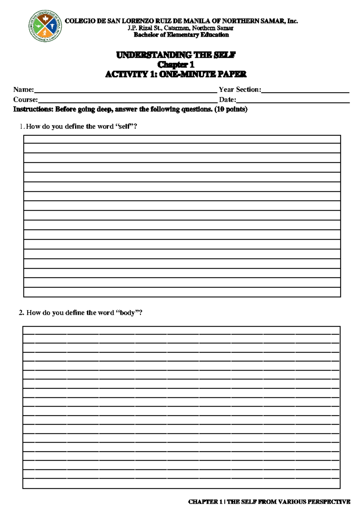 Understanding THE SELF Activity Sheets - COLEGIO DE SAN LORENZO RUIZ DE ...