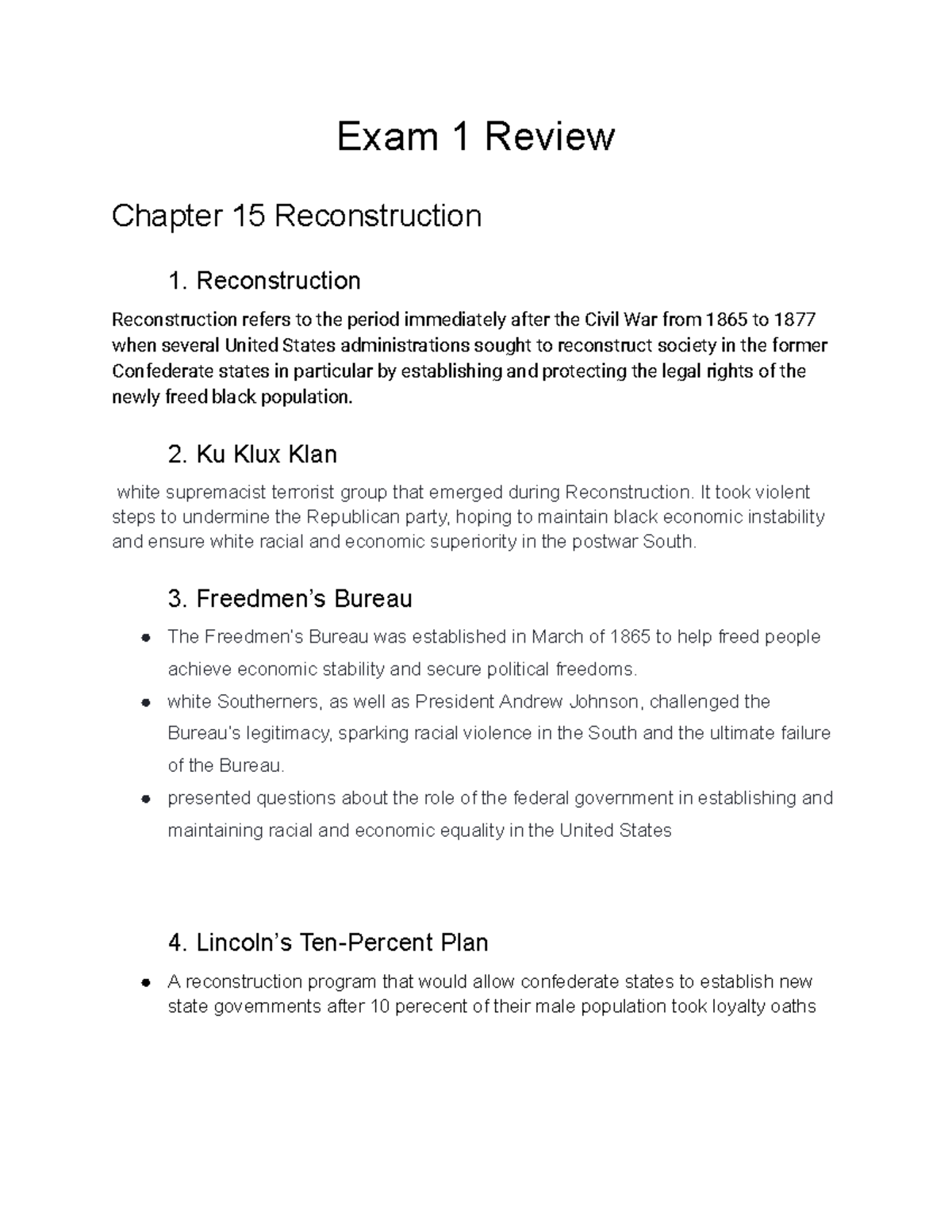 Exam 1 Review - notes - Exam 1 Review Chapter 15 Reconstruction 1 ...