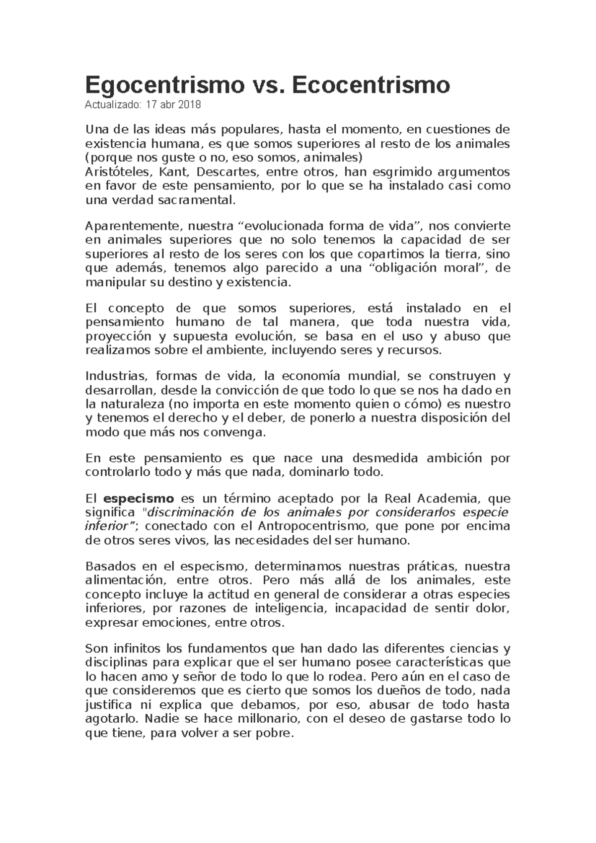 Egocentrismo vs Ecocentrismo - Egocentrismo vs. Ecocentrismo ...