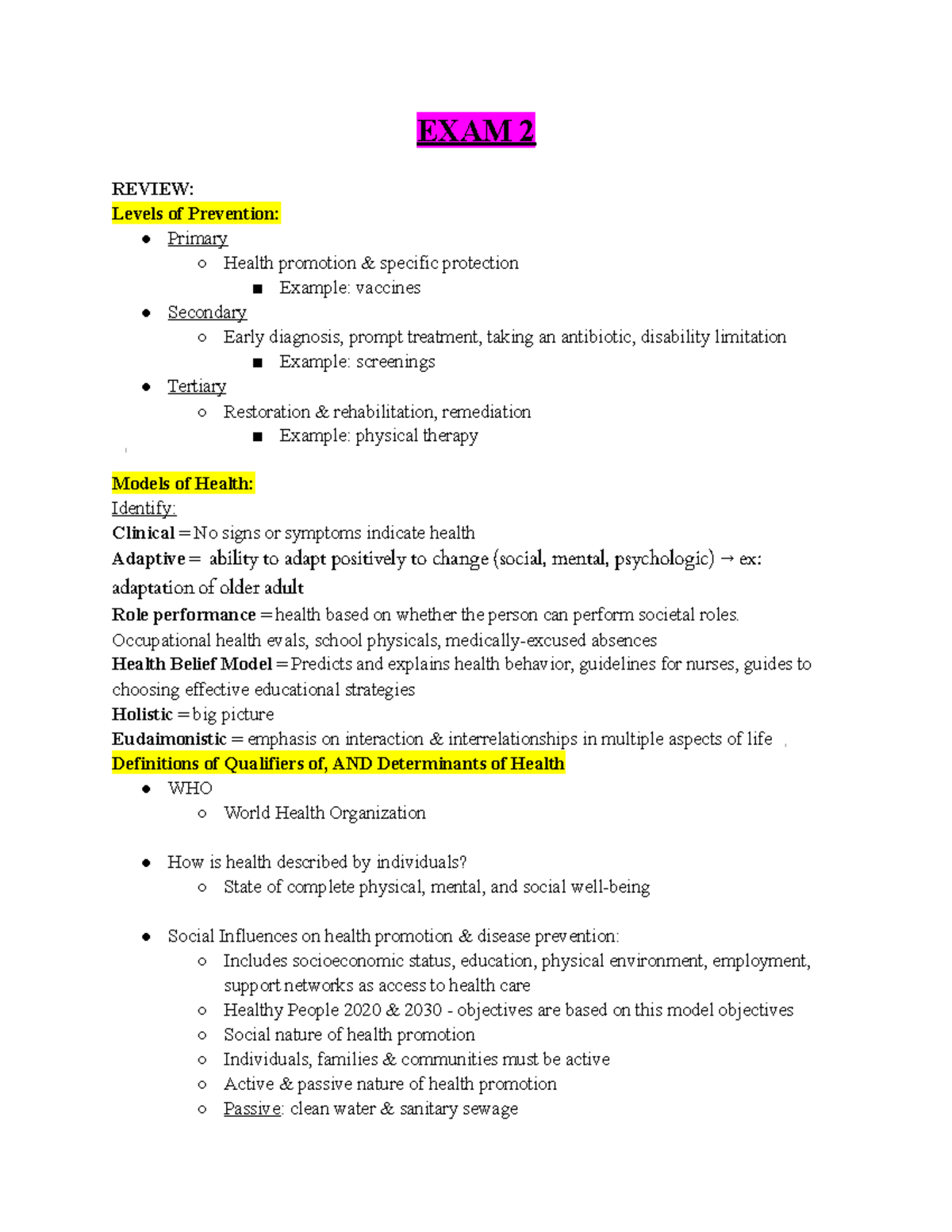 Nursing Exam 2 - Professor Spatarella - EXAM 2 REVIEW: Levels of ...