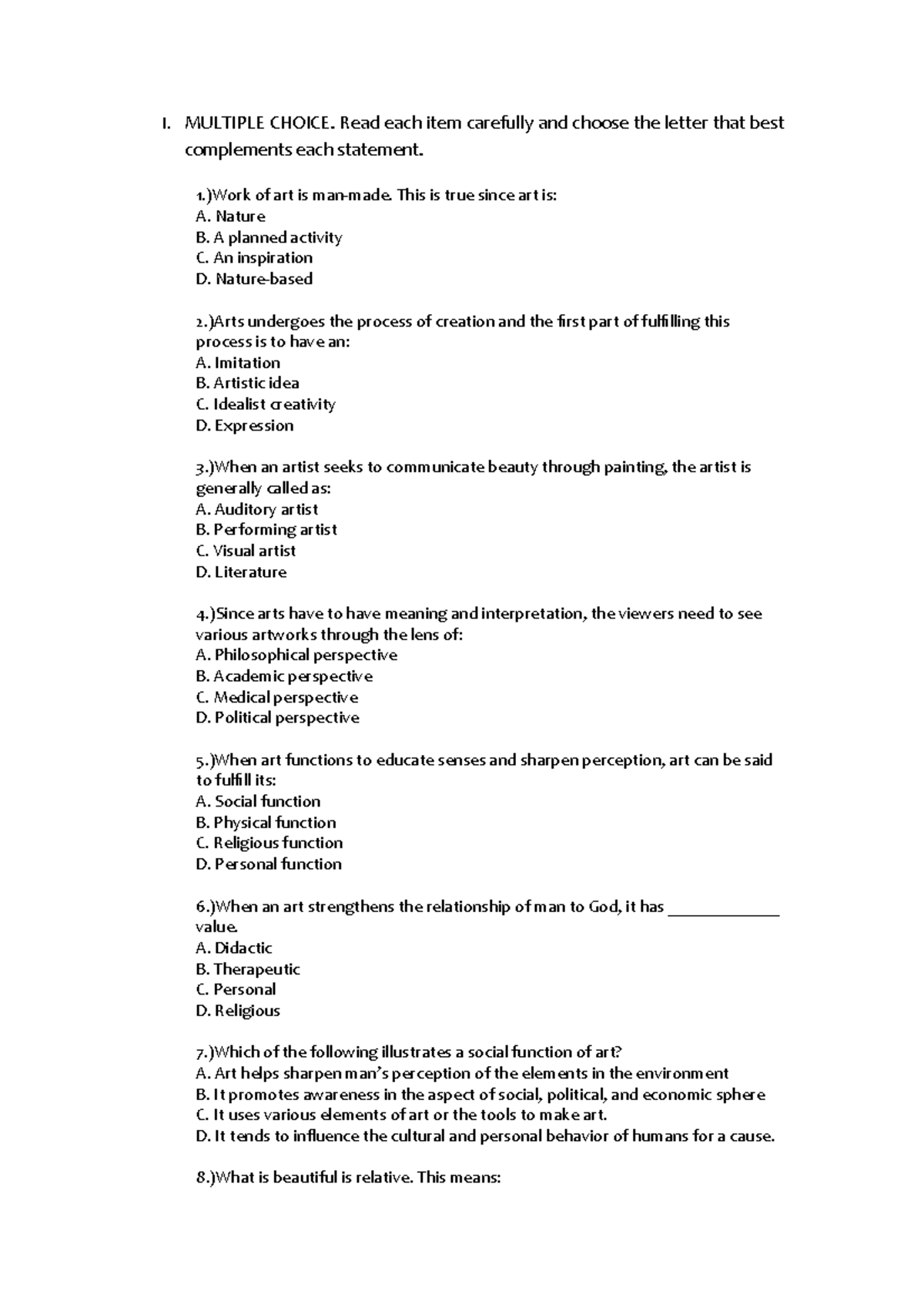 Introduction Art Questions - I. MULTIPLE CHOICE. Read each item ...