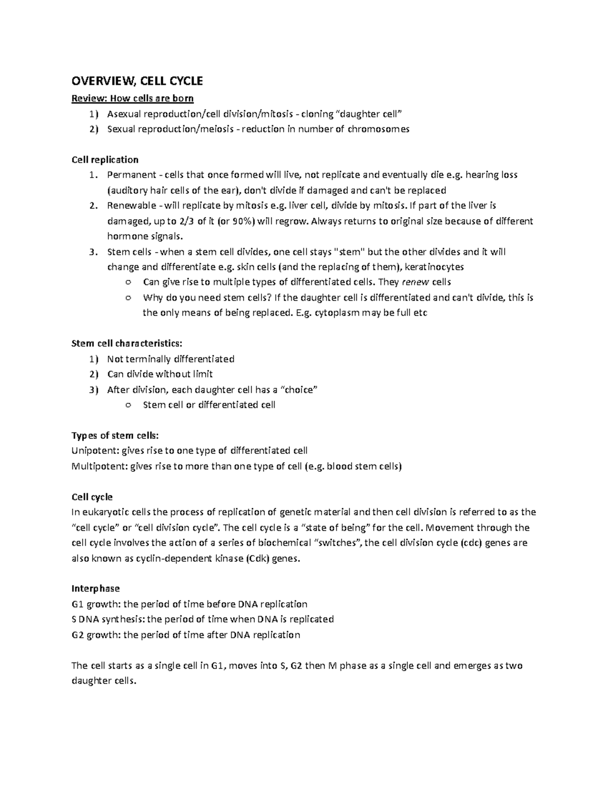 BIOL252 Diane's Lectures - OVERVIEW, CELL CYCLE Review: How cells are ...