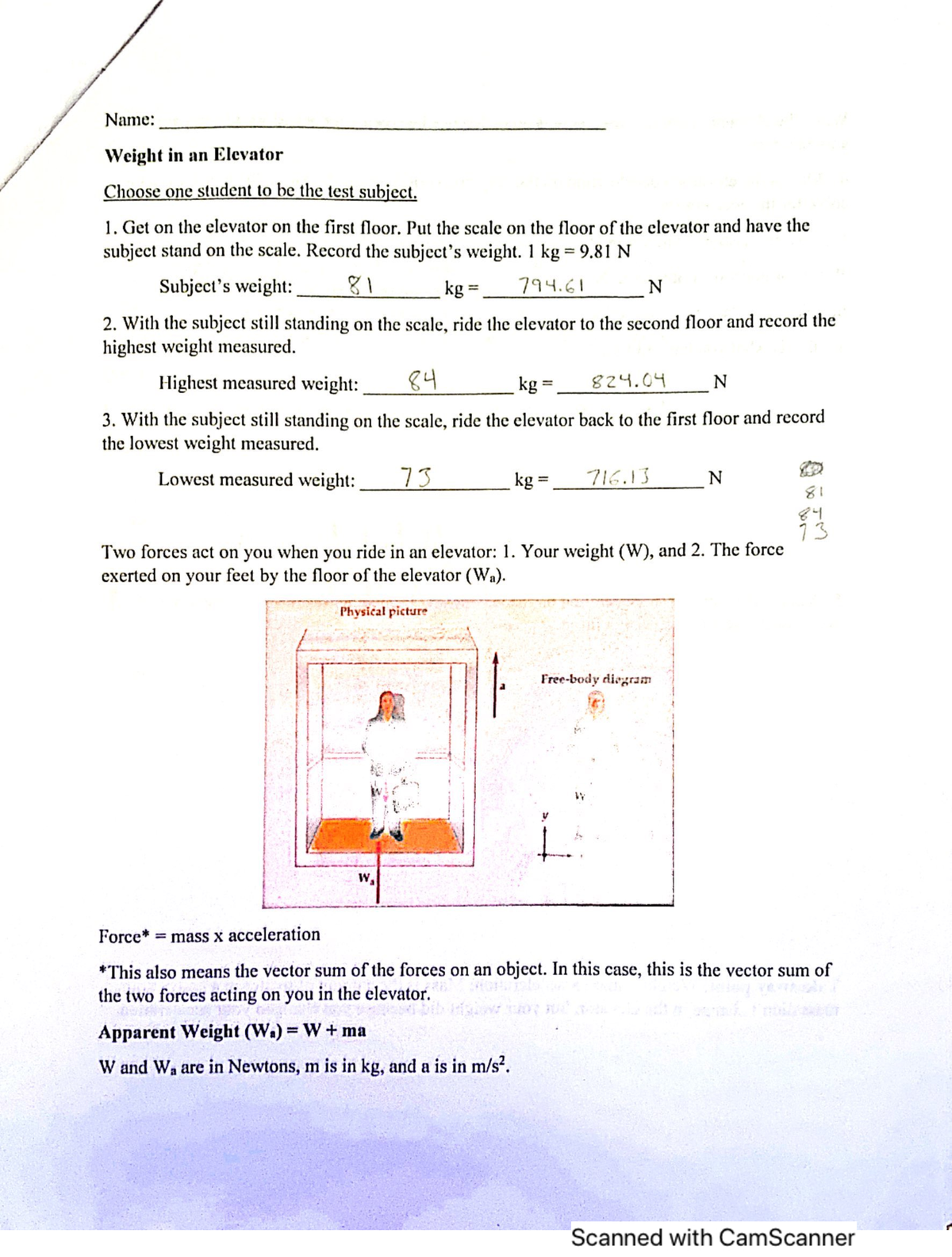 Weight in elevator practice - Name: Weight in an Elevator Choose one ...