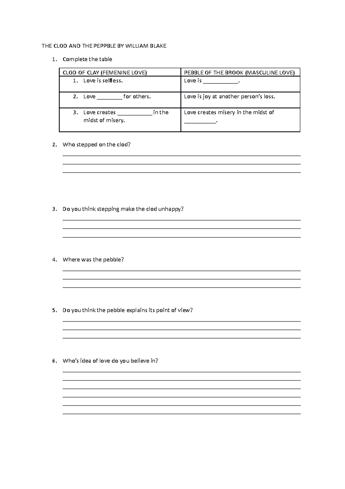 THE CLOD AND THE Peppble BY William Blake - THE CLOD AND THE PEPPBLE BY ...