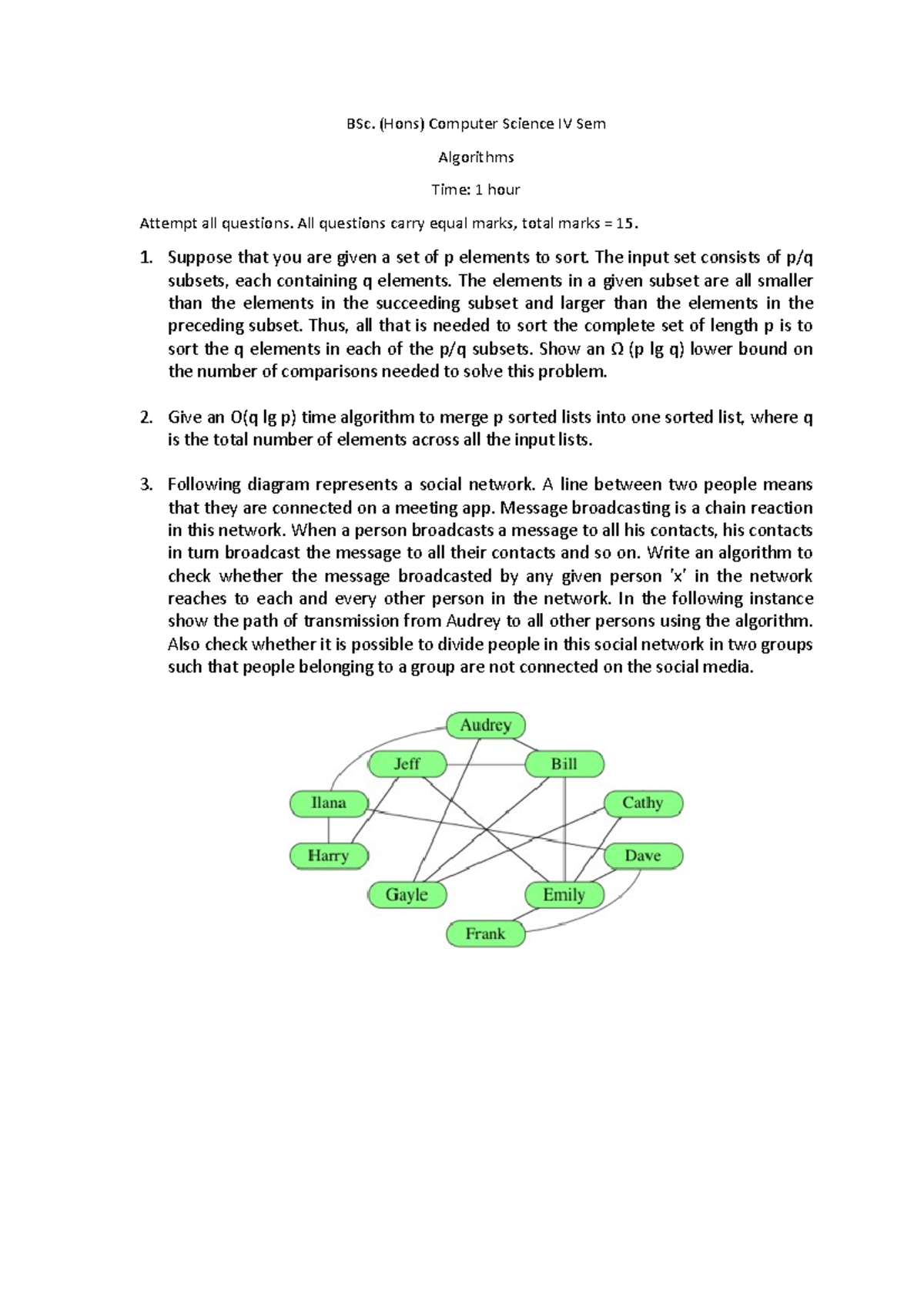 Algorithm class test - BSc. (Hons) Computer Science IV Sem Algorithms ...