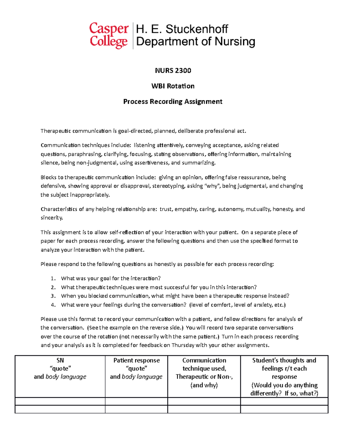 Process Recording Assignment 0122 - NURS 2300 WBI Rotation Process ...