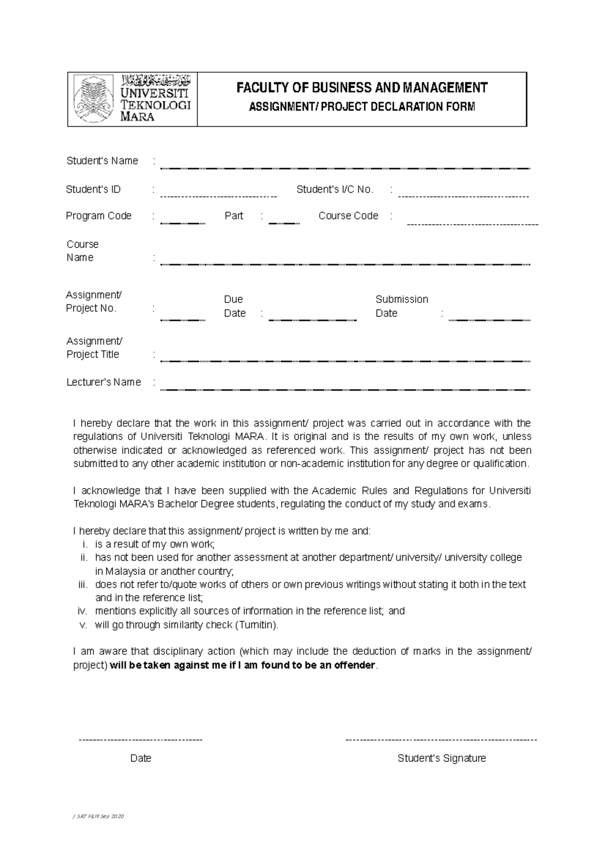 Assignment Project Declaration Form - FACULTY OF BUSINESS AND ...