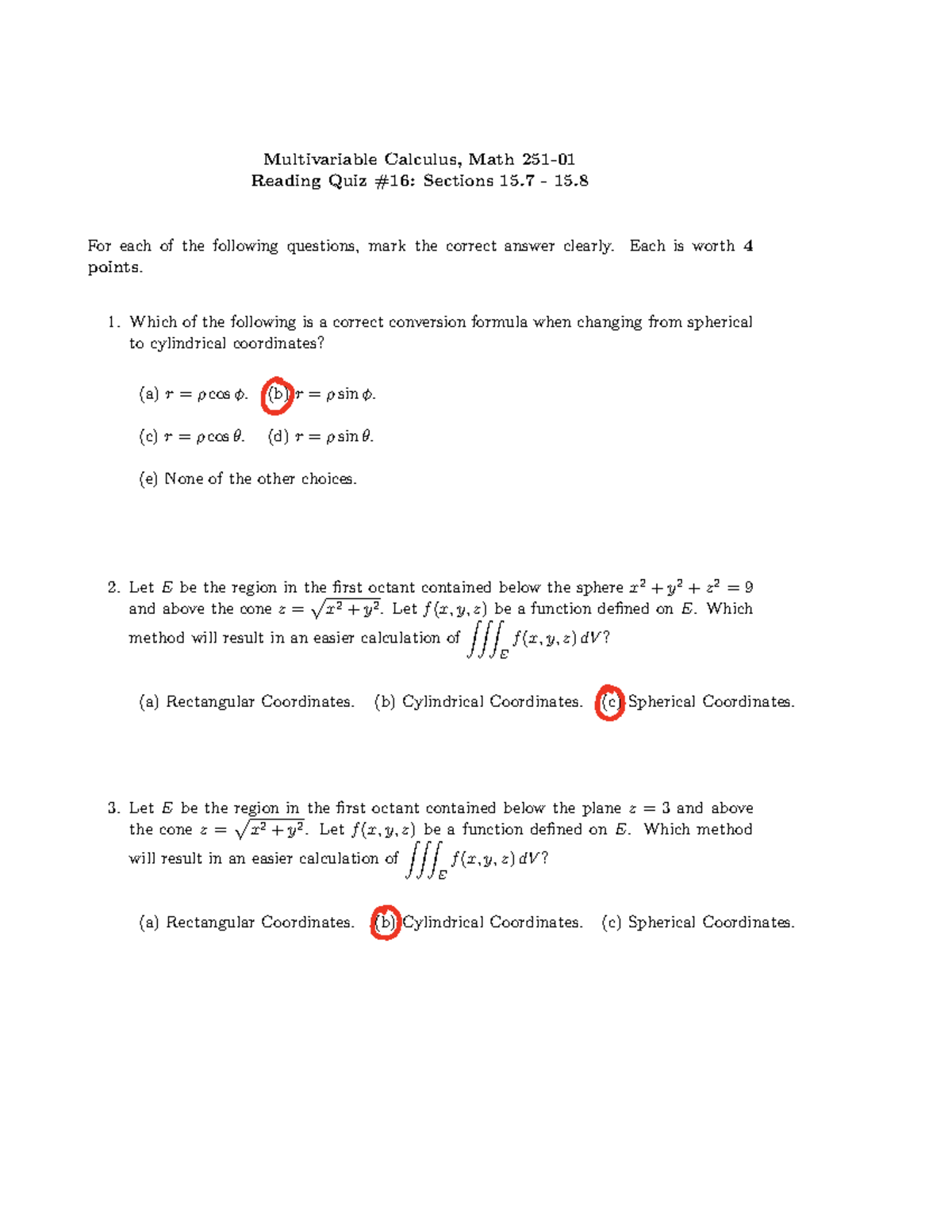 Reading Quiz #16 - Sections 15.7 - 15 - Multivariable Calculus, Math ...