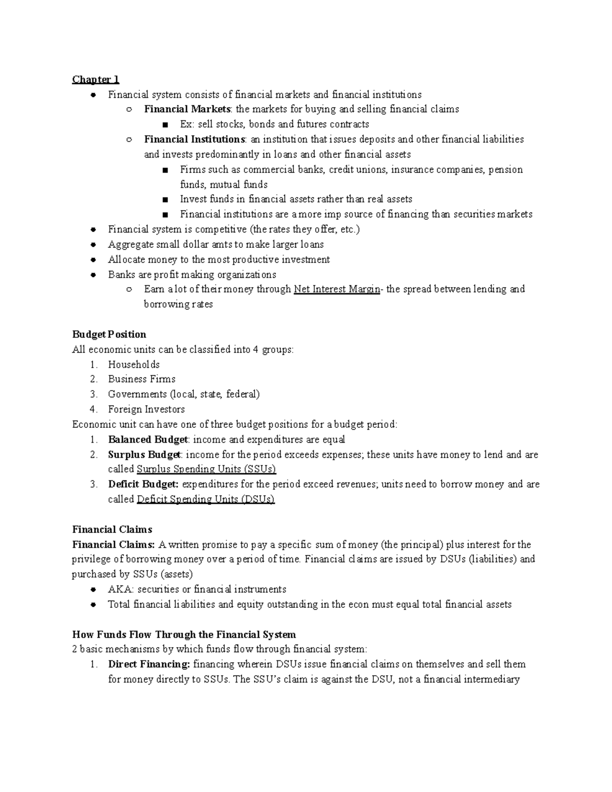 FINC 381 Chapter 1- Lecture Notes - Chapter 1 Financial system consists ...