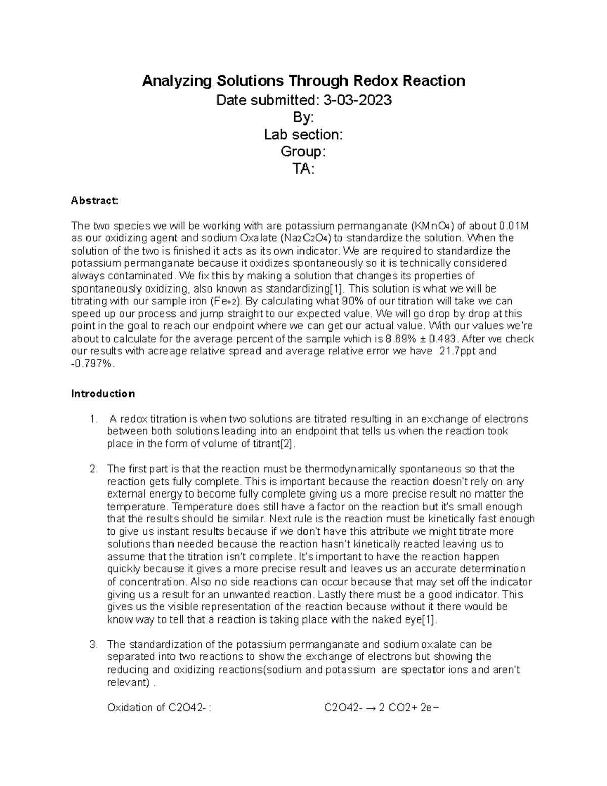 Cal Lab Formal Report - Analyzing Solutions Through Redox Reaction Date ...