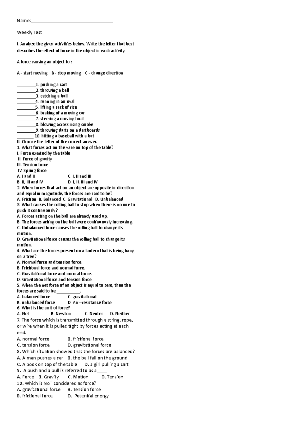 Science quiz week 1 - Name:________________________________ Weekly Test ...