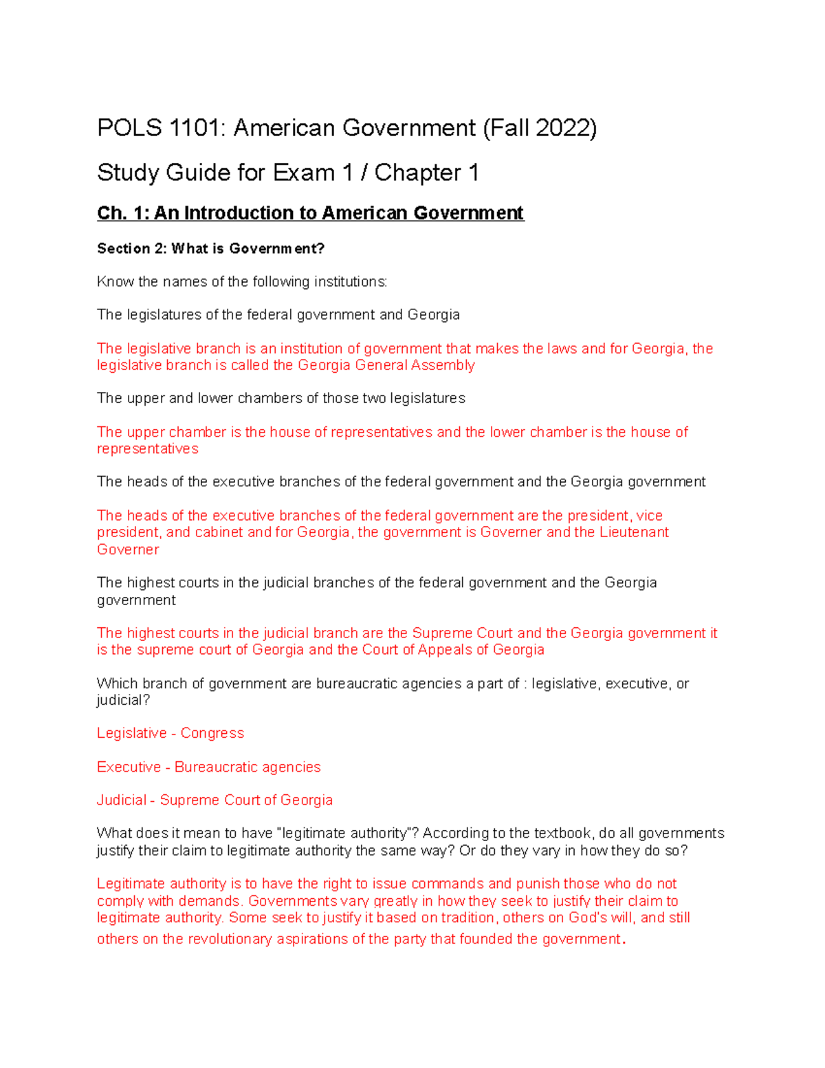 Exam 1 Study Guide 1 - POLS 1101: American Government (Fall 2022) Study ...