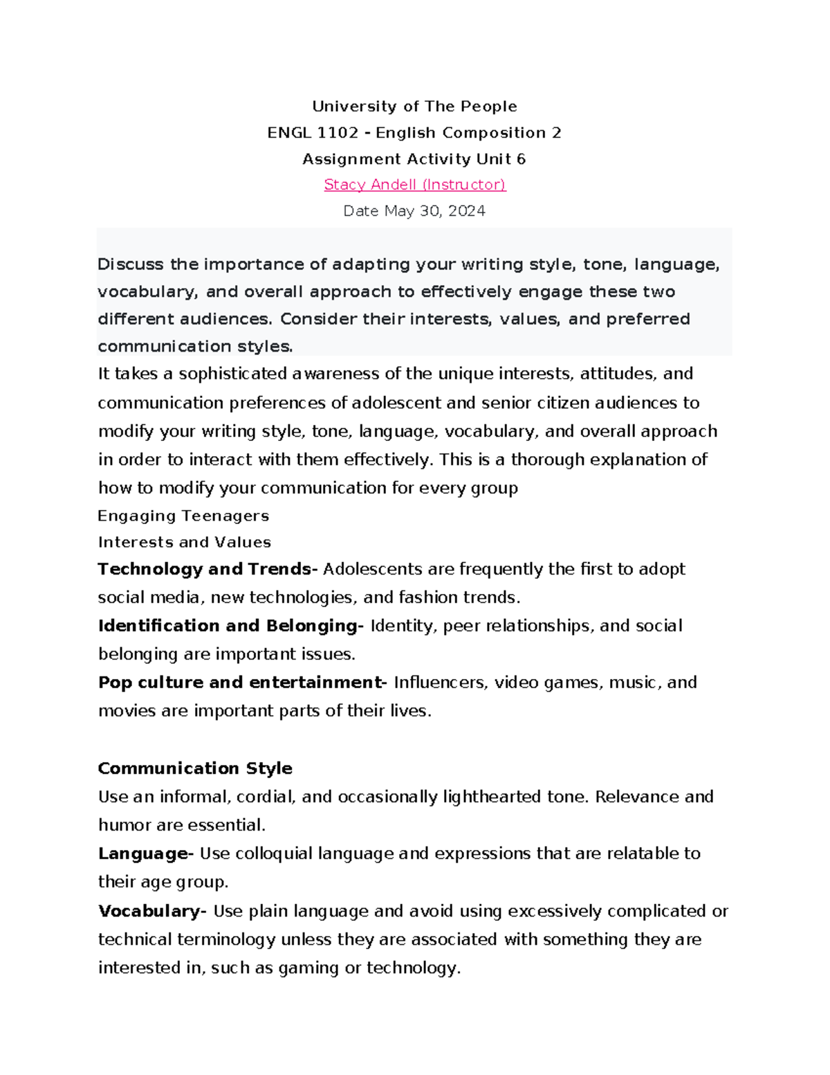 ENGL 1102 - English Composition 2 Assignment unit 7 - University of The ...