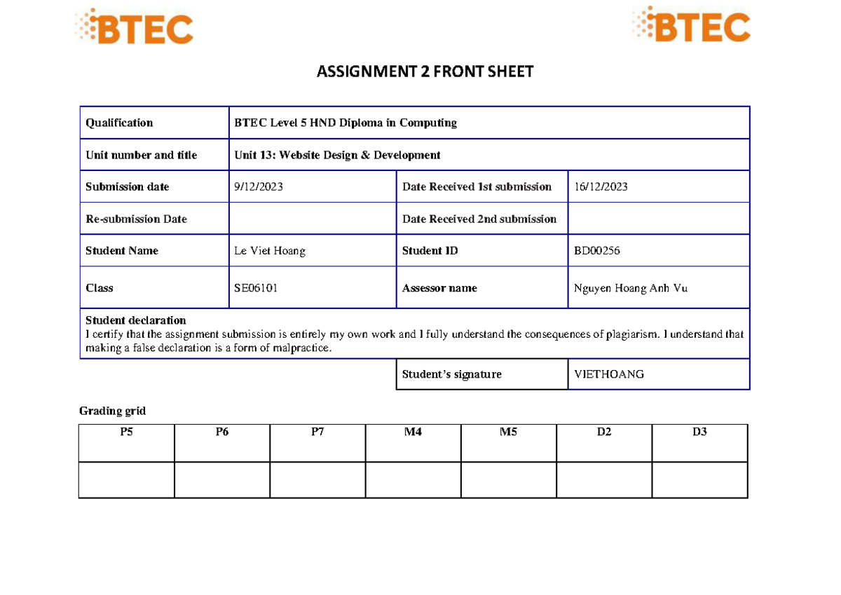 tai lieu tham khao mon cong nghe thong tin - ASSIGNMENT 2 FRONT SHEET Qualification BTEC Level 5 ...