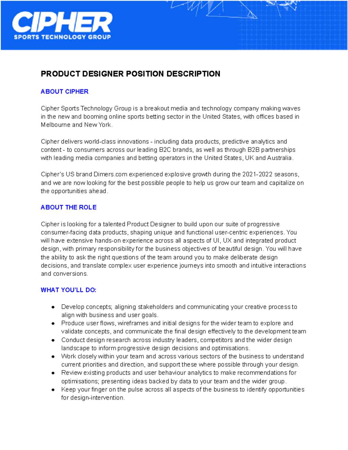 Product Designer - Cipher PD - PRODUCT DESIGNER POSITION DESCRIPTION ...
