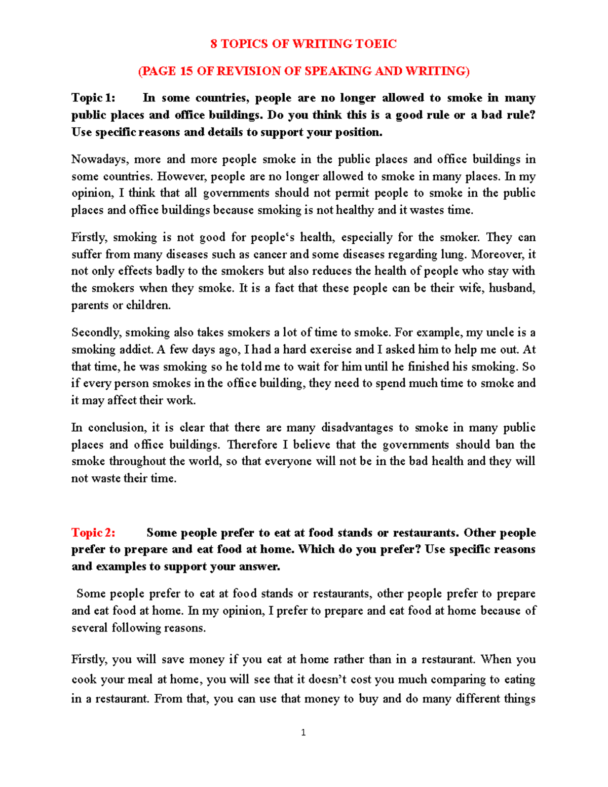 10 Topics OF Essay Writing 2019 Official 1 - 8 TOPICS OF WRITING TOEIC ...