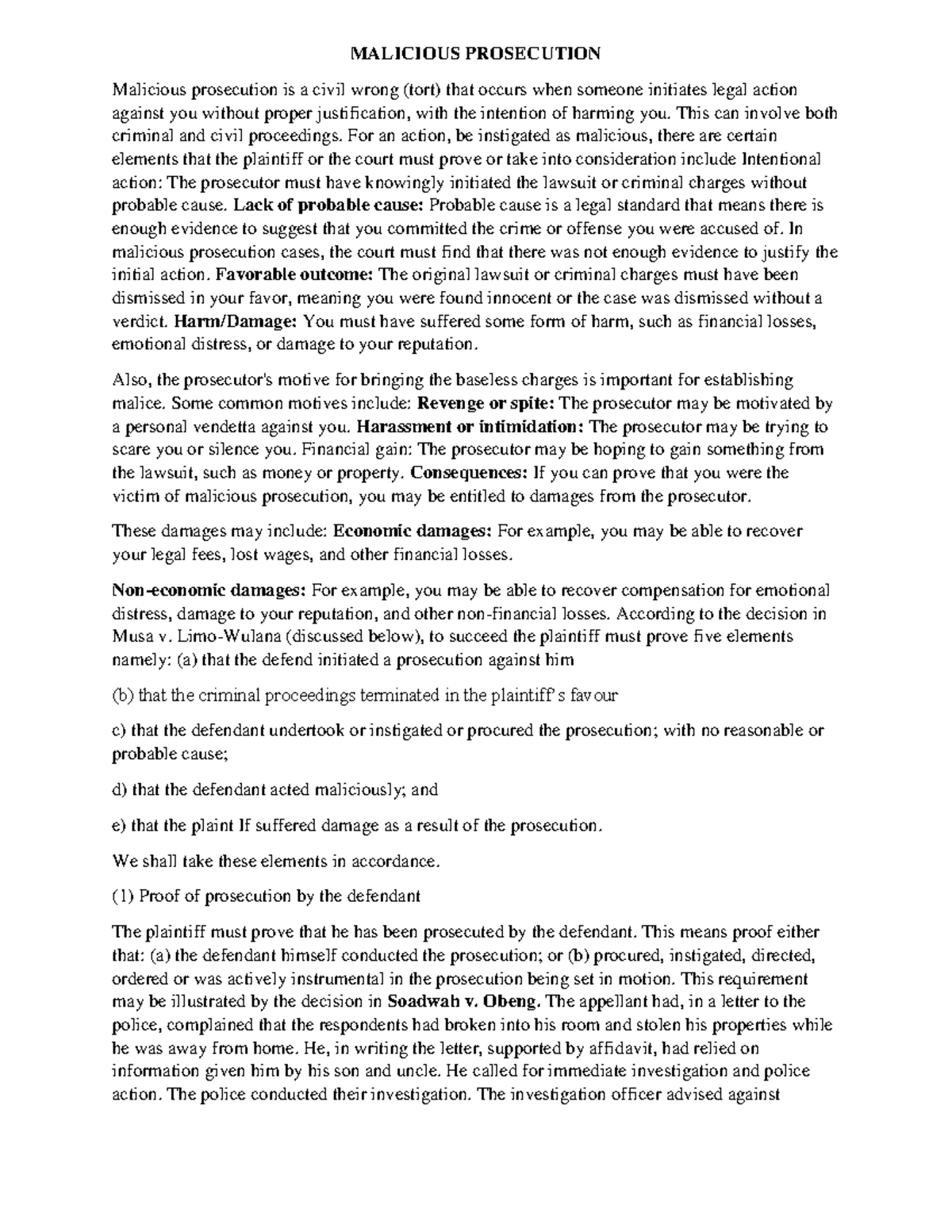 Malicious Prosecution 1 - MALICIOUS PROSECUTION Malicious prosecution ...