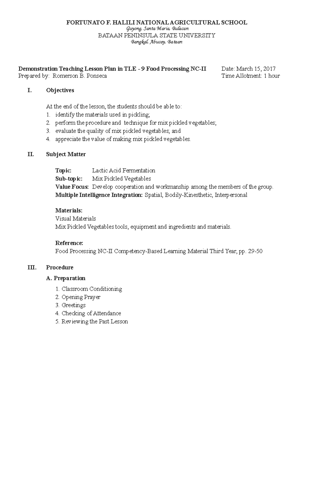 569183070 Lesson Plan in TLE 9 Food Processing NC II Romerson Ponseca ...