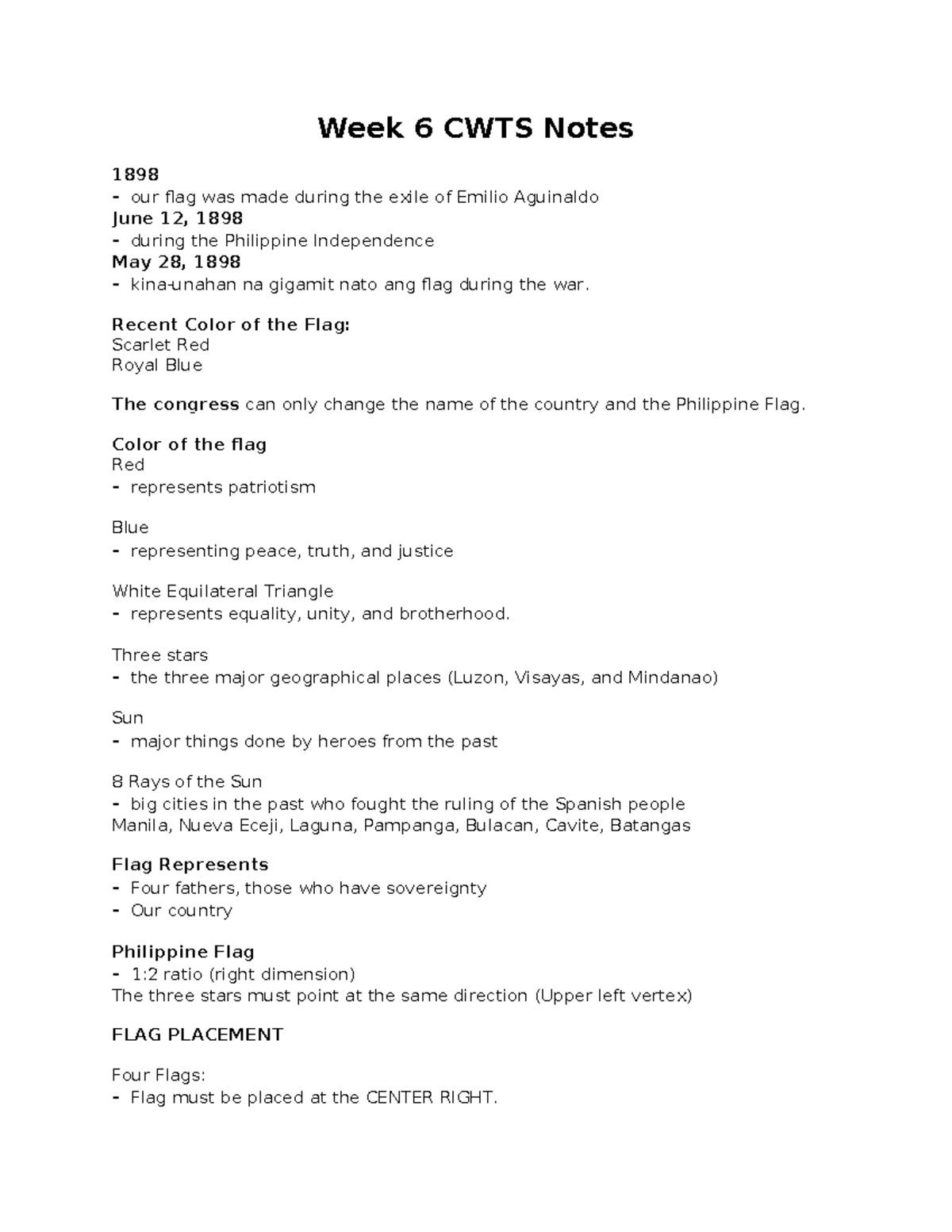 CWTS-Notes - Week 6 CWTS Notes 1898 - our flag was made during the ...