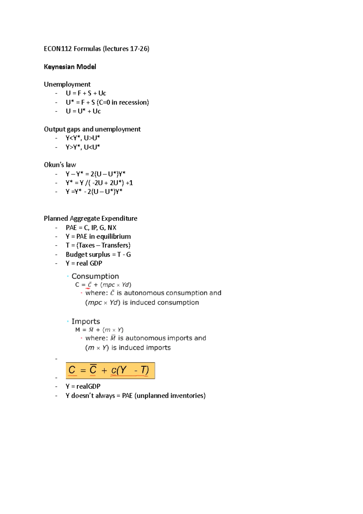 ECON112 Formulas sem 2 - Principles of Economics 2 - University of ...