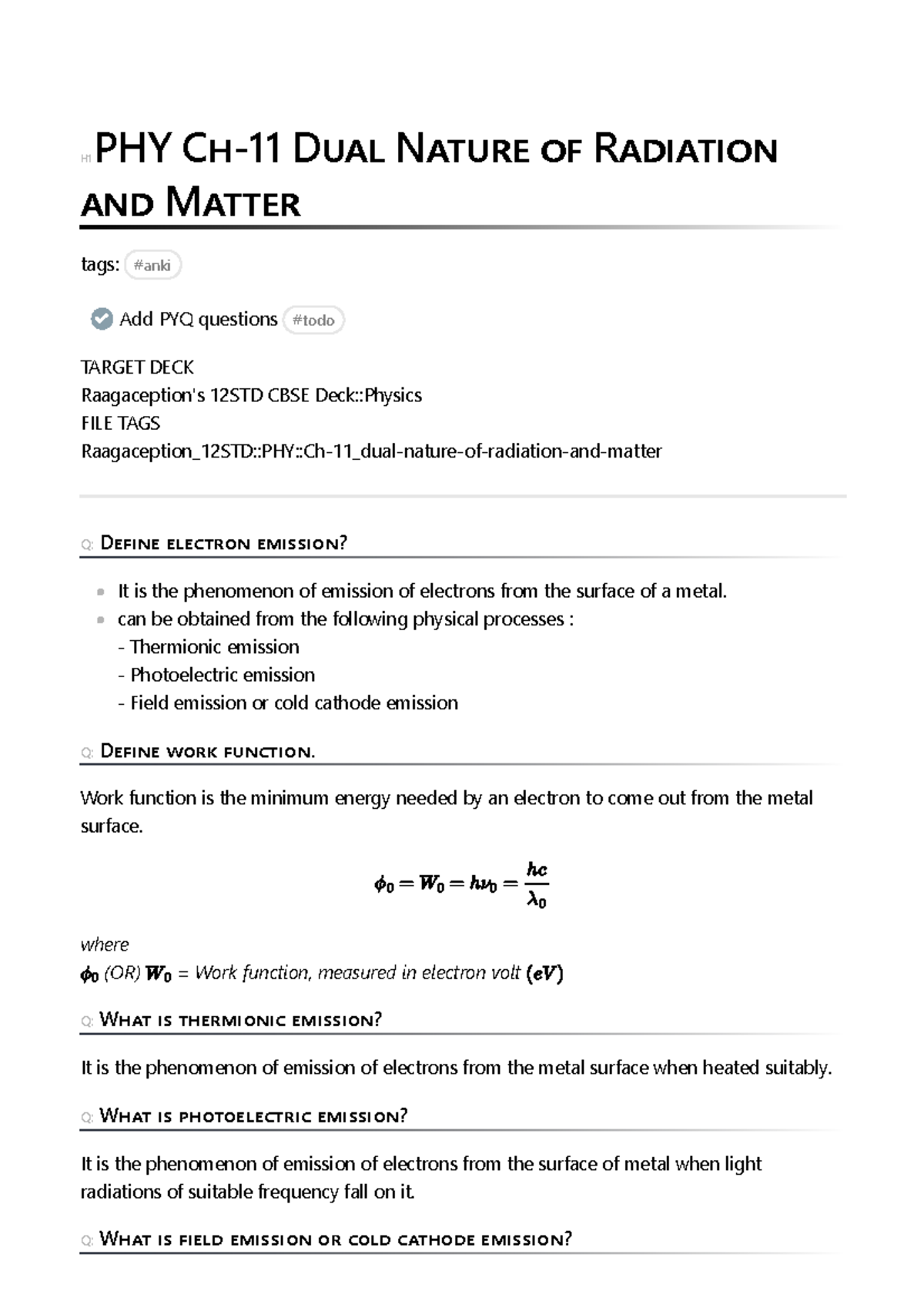 PHY Ch-11 Dual Nature of Radiation and Matter - H1 PHY C-11 D N R M tags: #anki Add PYQ ...