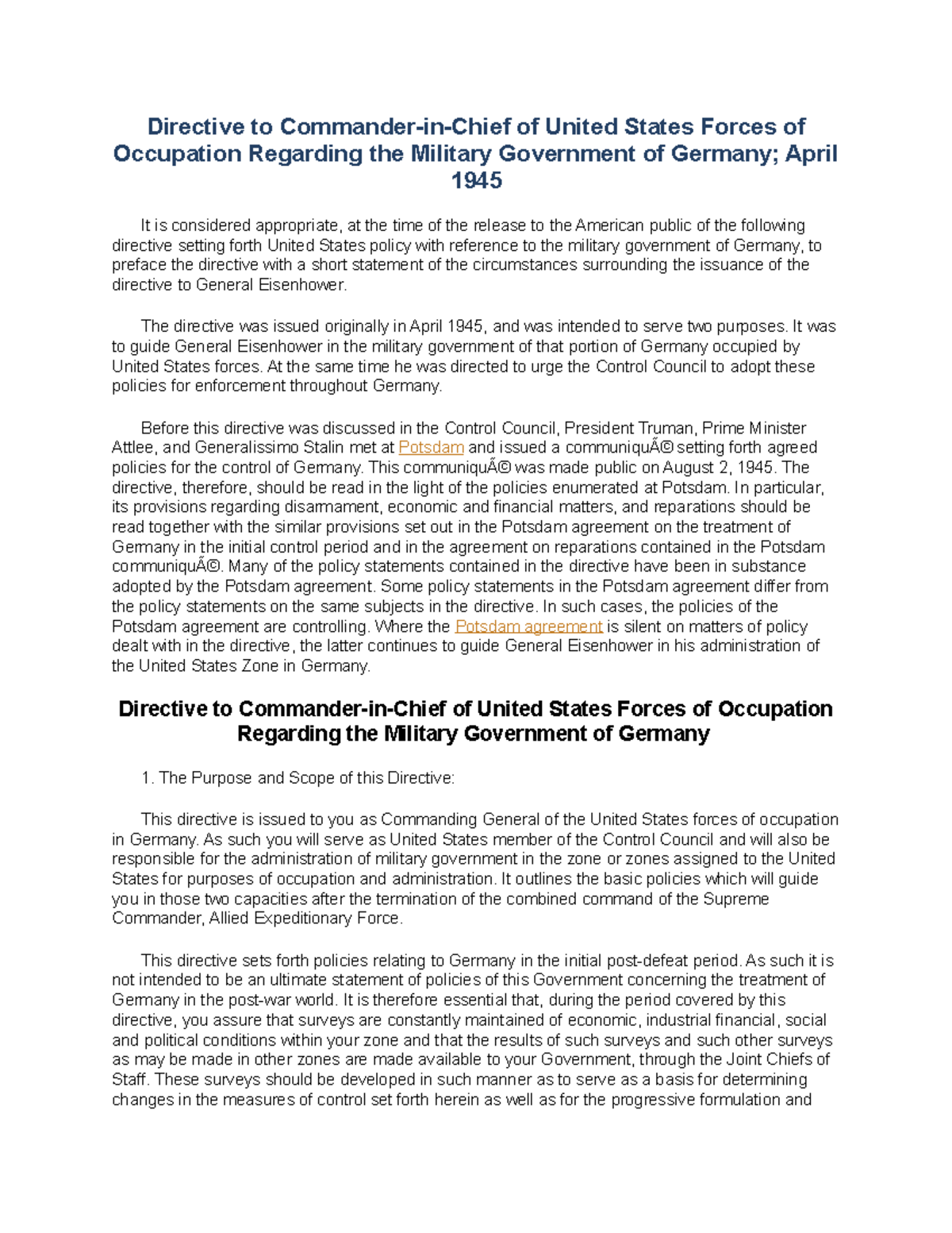 Directive to Commander - Directive to Commander-in-Chief of United ...