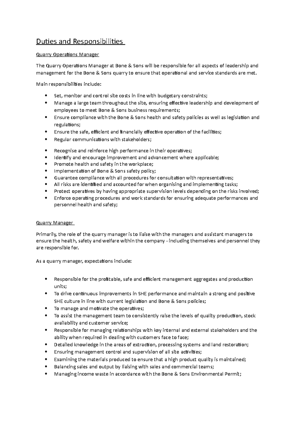 Duties and Responsibilities Quarry Manager - Duies and Responsibiliies ...