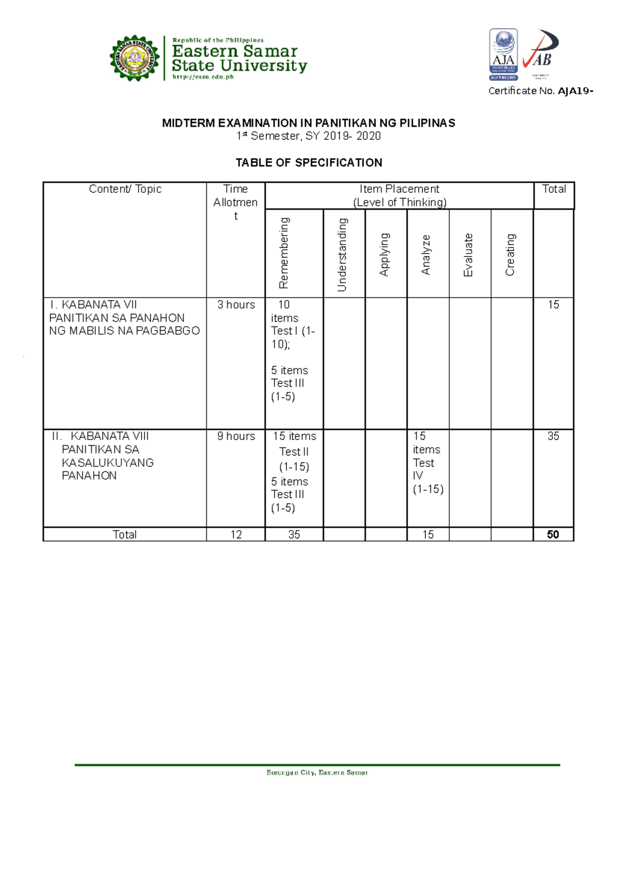 Midterm in panitikan-1 - MIDTERM EXAMINATION IN PANITIKAN NG PILIPINAS 1 st Semester, SY 2019 ...
