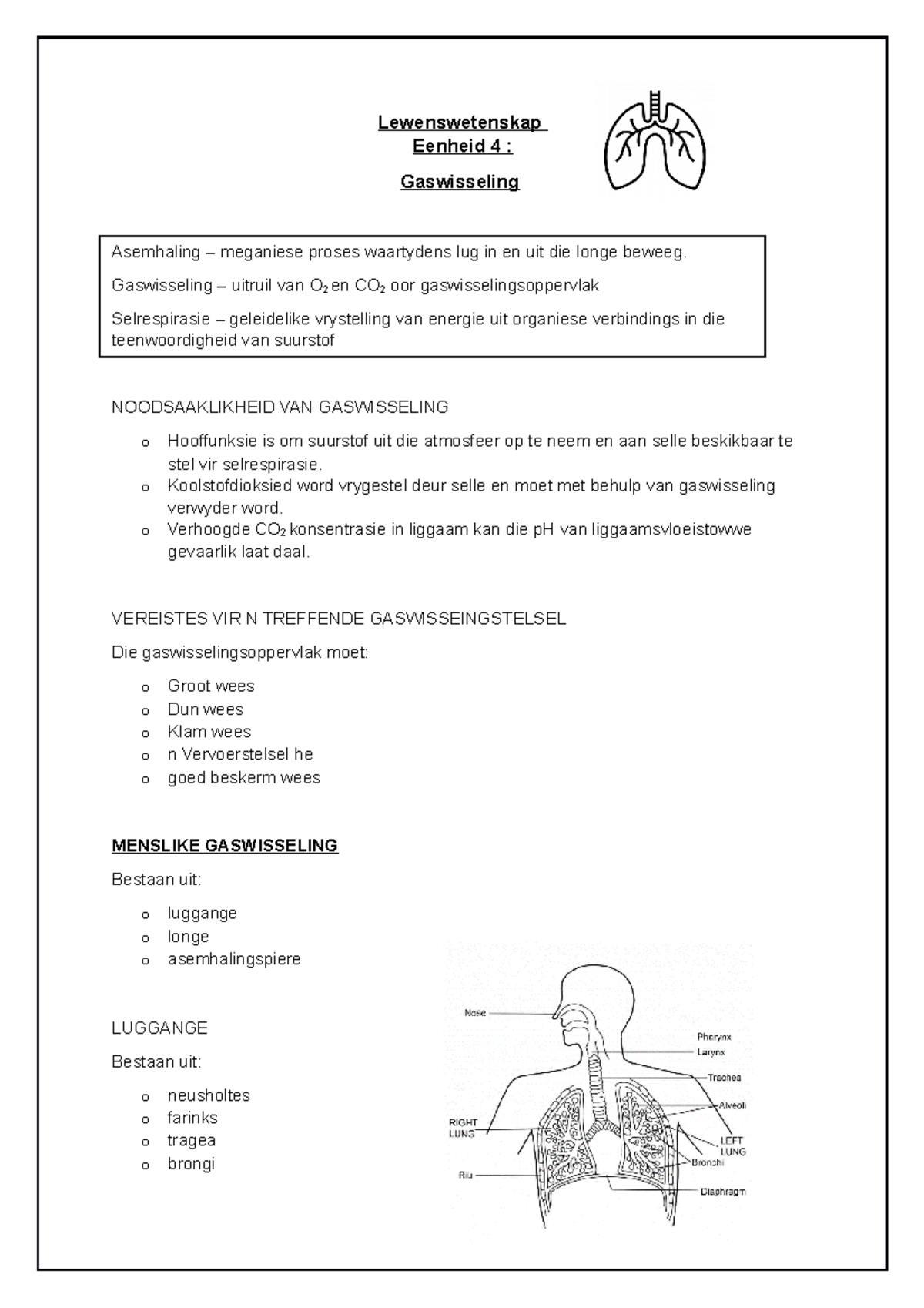 Lewenswetenskap Gaswisseling - Lewenswetenskap Eenheid 4 : Gaswisseling ...