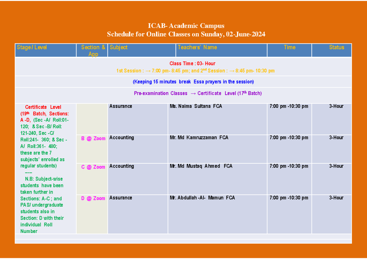 Online Class Schedule on Sunday 02-Jun-2024 for CL 19B(ES-RS) - ICAB ...
