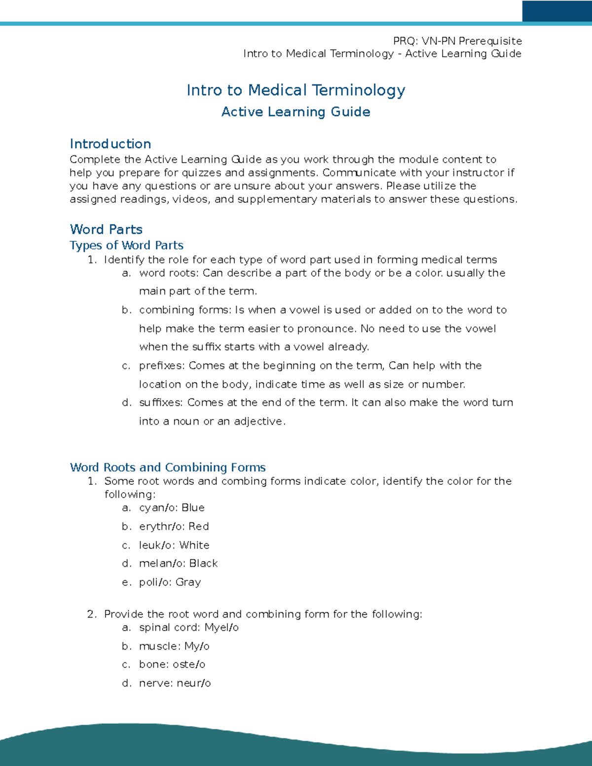 Assignment - Active Learning Guide (Ch. 1 - Introduction to Medical ...