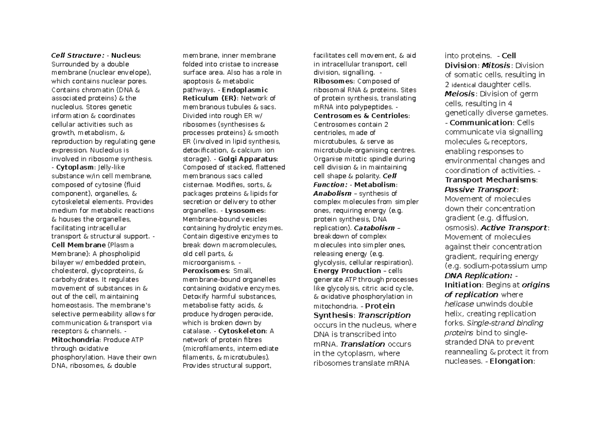 Sum sheet Biochem - Cell Structure: - Nucleus: Surrounded by a double ...